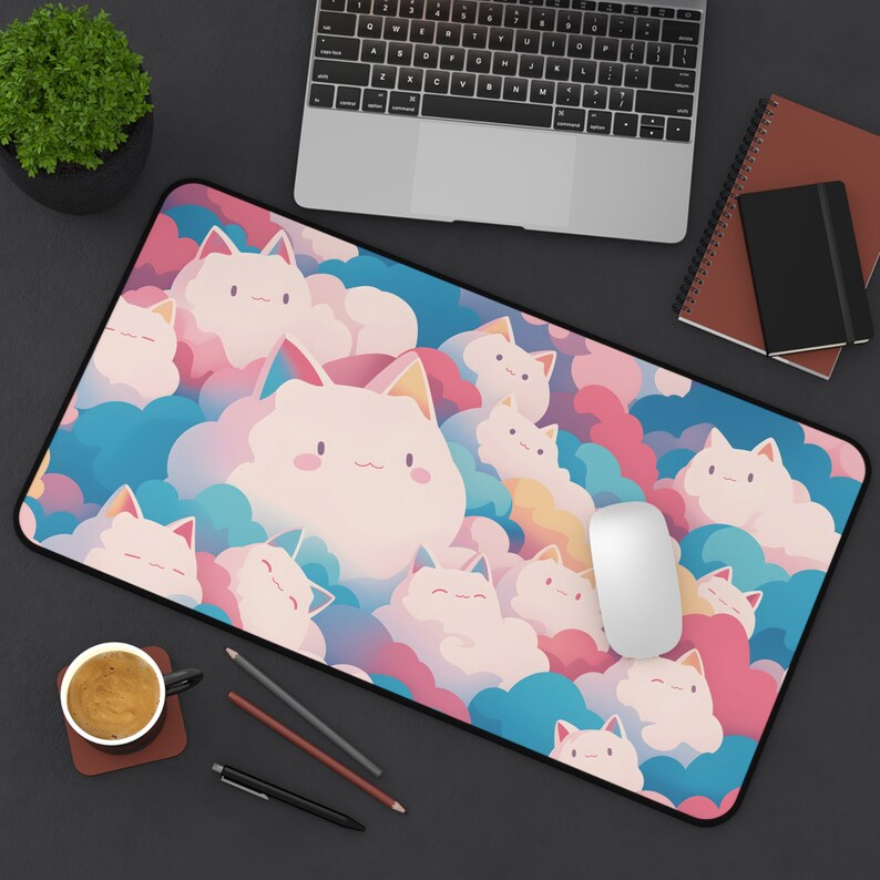 Kawaii Cat Cloud Desk Mat, Anime Chibi Aesthetic Desk Pad, Colorful ...