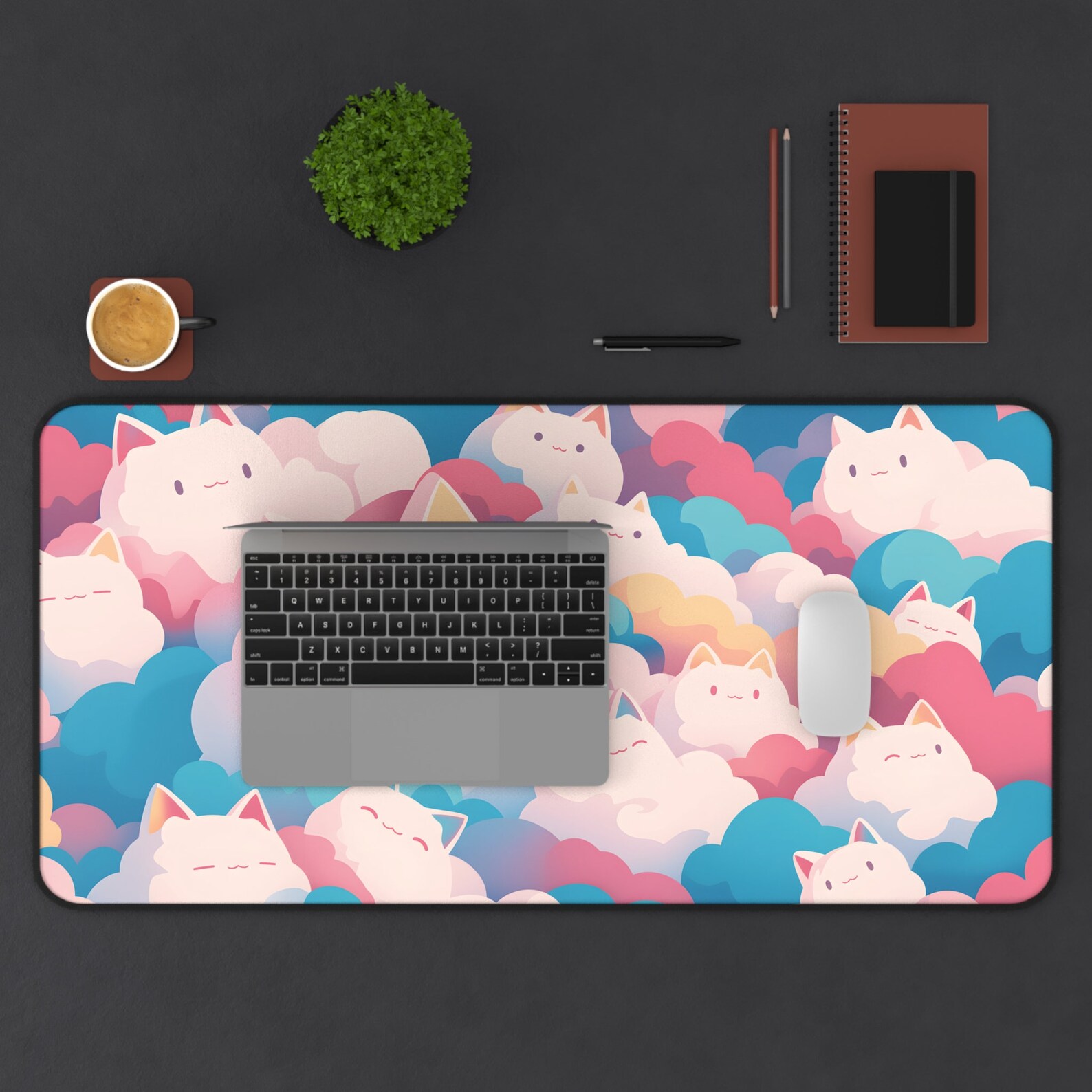 Kawaii Cat Cloud Desk Mat, Anime Chibi Aesthetic Desk Pad, Colorful ...