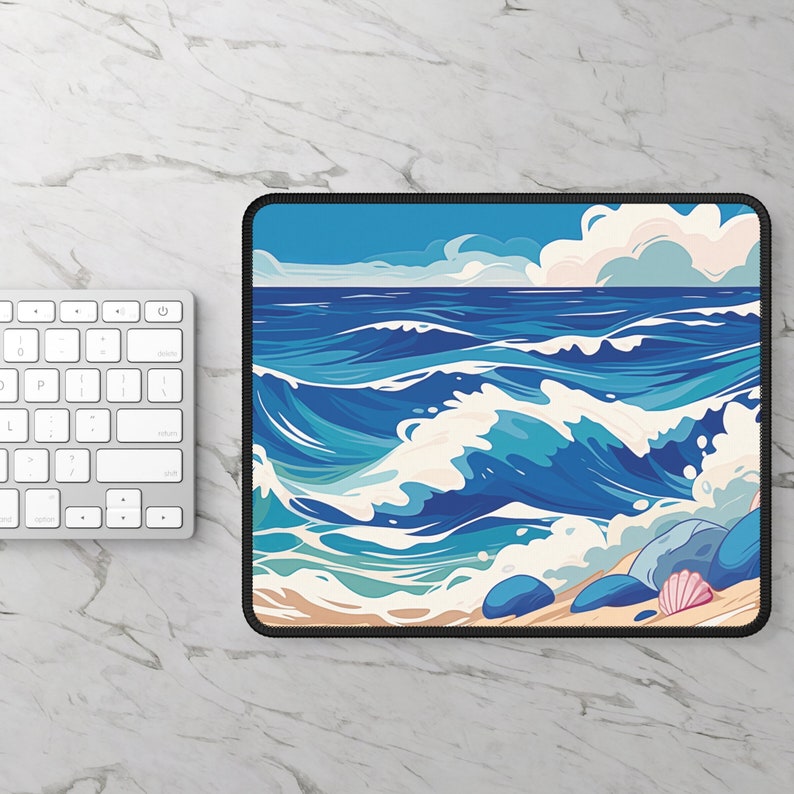 Blue Ocean Desk Mat | Cute Beach Mousepad, Aesthetic Coastline Scene ...