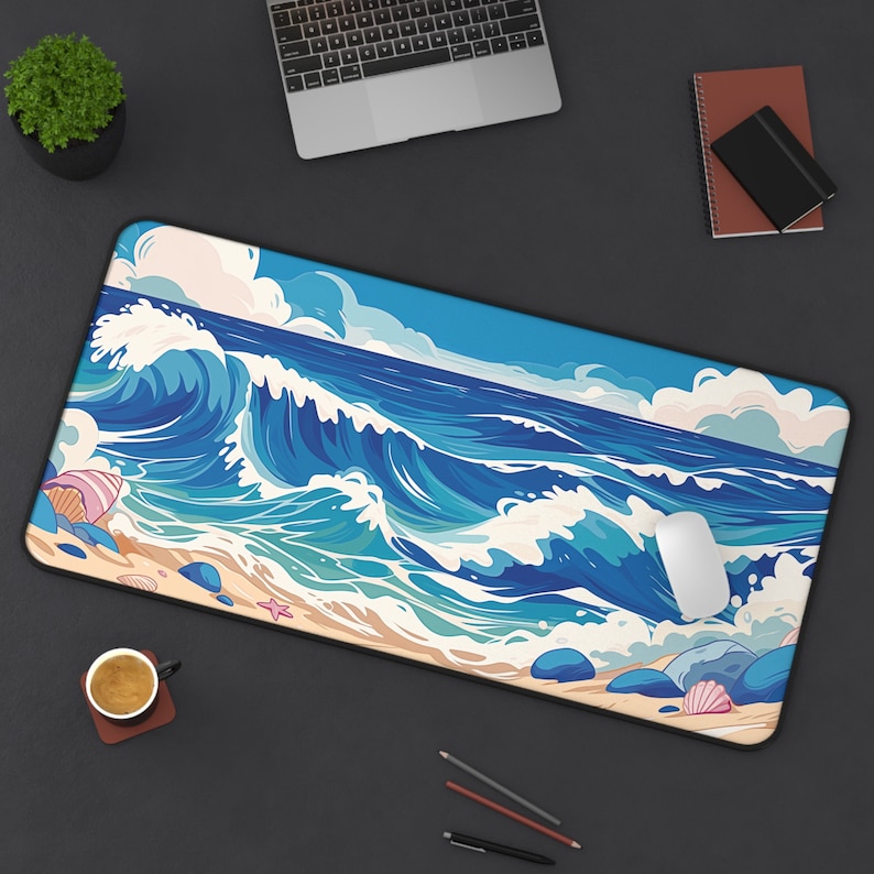 Blue Ocean Desk Mat | Cute Beach Mousepad, Aesthetic Coastline Scene ...