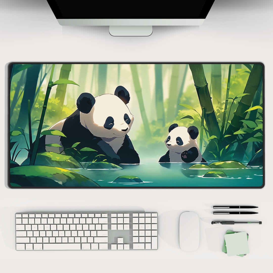 Kawaii Animal Desk Mat Featuring Cute Pandas in a Bamboo Forest, Anime ...