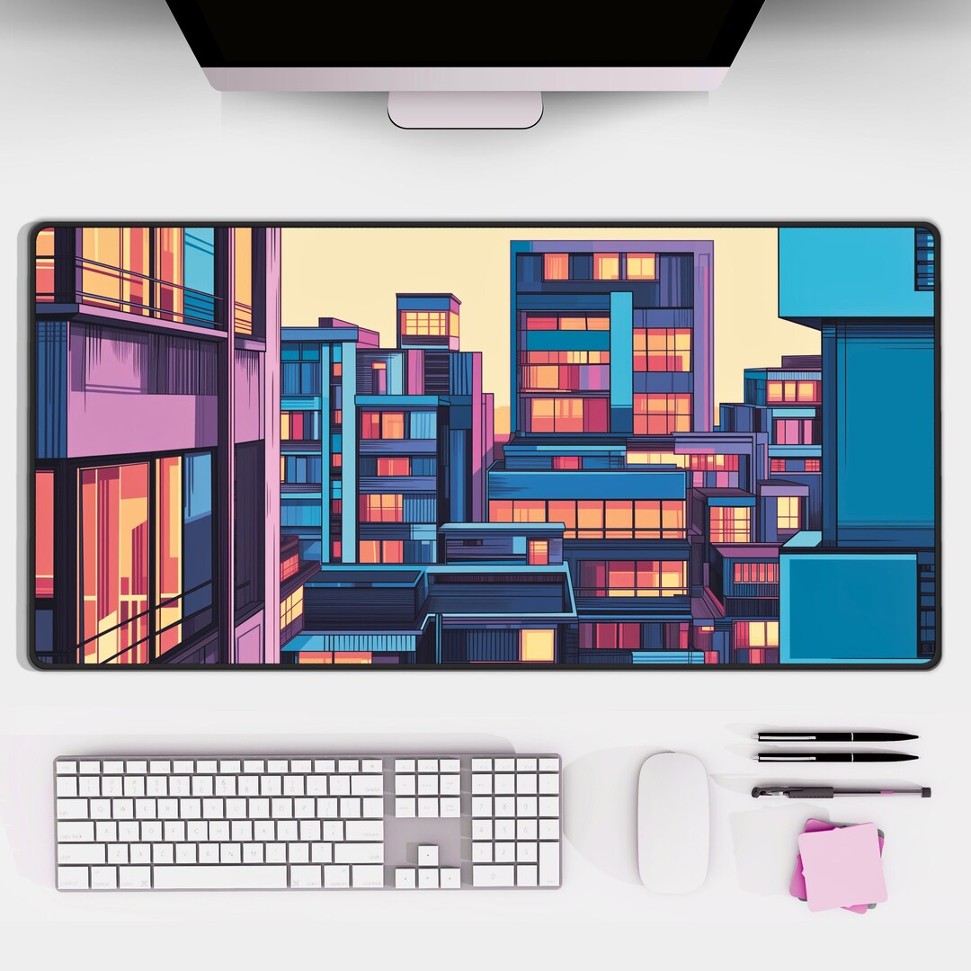 Modern Lofi Desk Mat With Vibrant Lo-fi Cityscape, Colorful Geometric ...