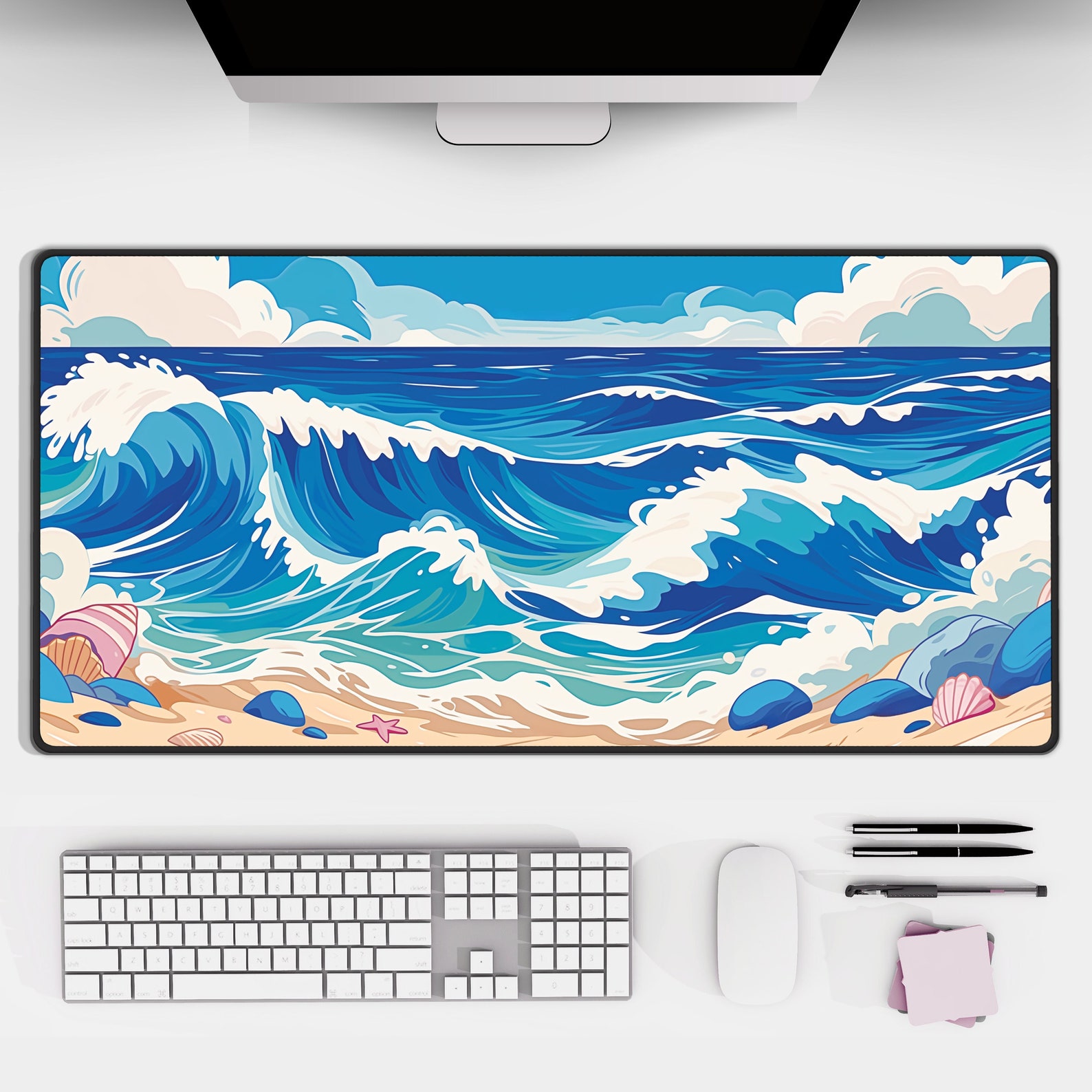 Blue Ocean Desk Mat | Cute Beach Mousepad, Aesthetic Coastline Scene ...