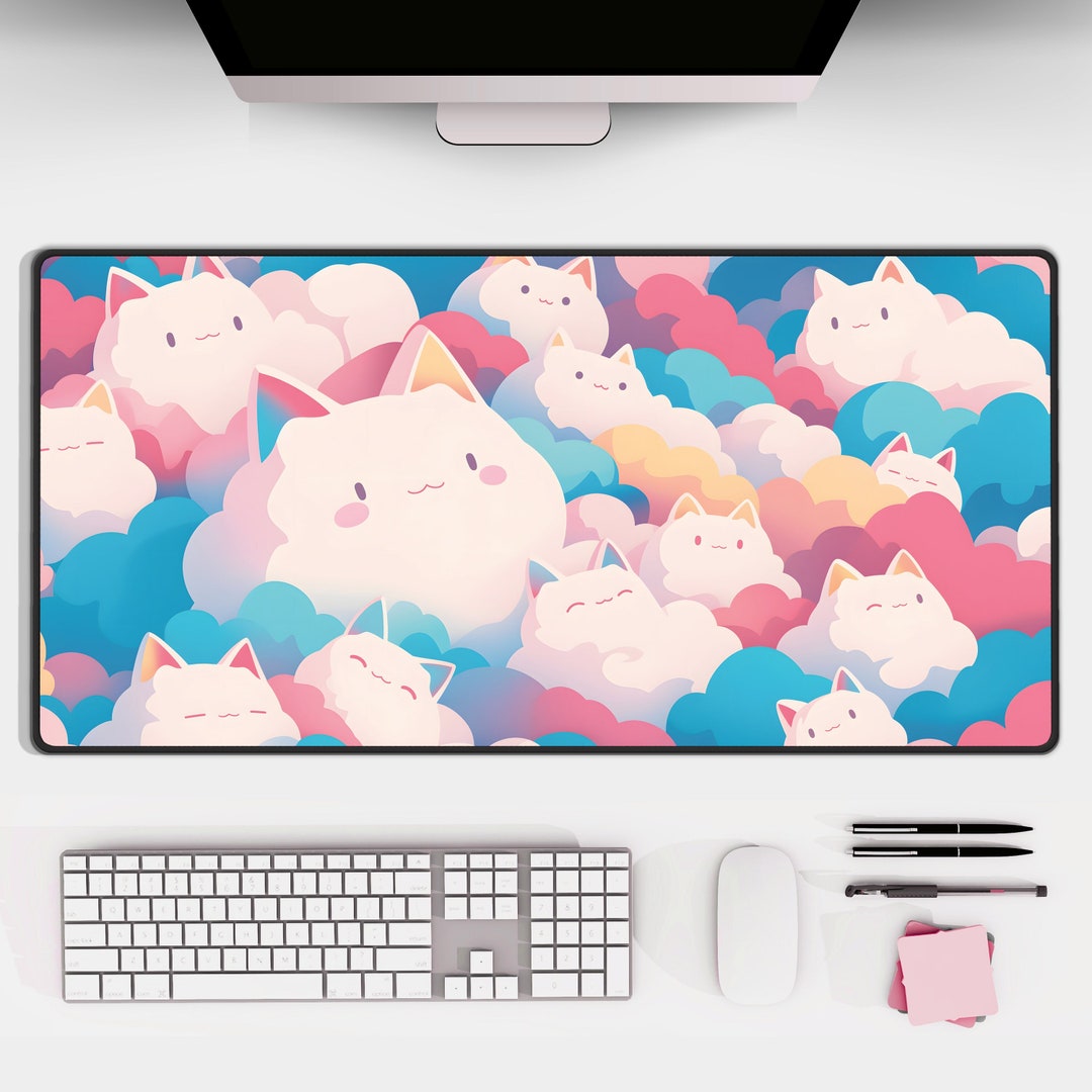 Kawaii Cat Cloud Desk Mat, Anime Chibi Aesthetic Desk Pad, Colorful ...