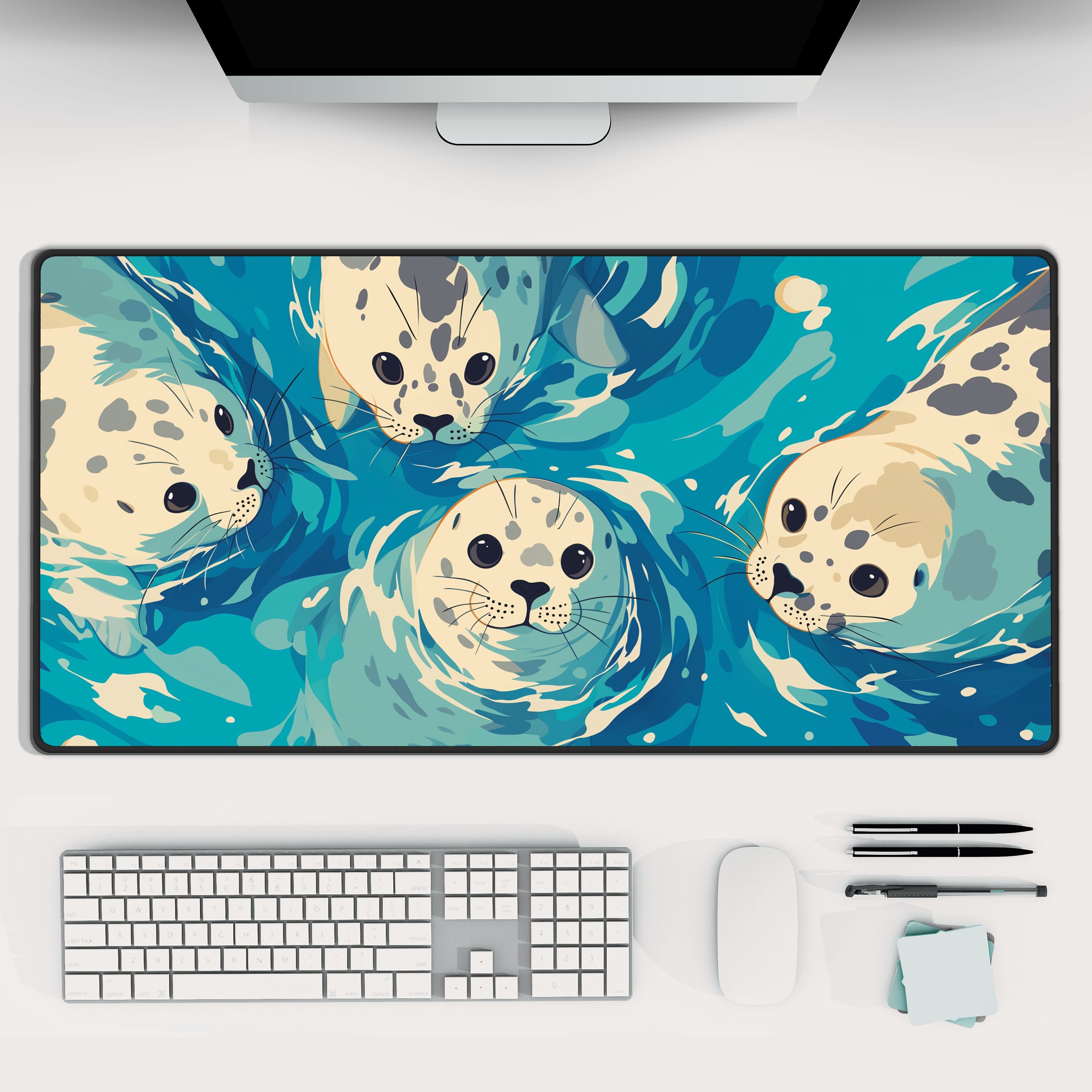 Kawaii Animal Desk Mat | Cute Spotted Seals, Blue Ocean Mousepad ...