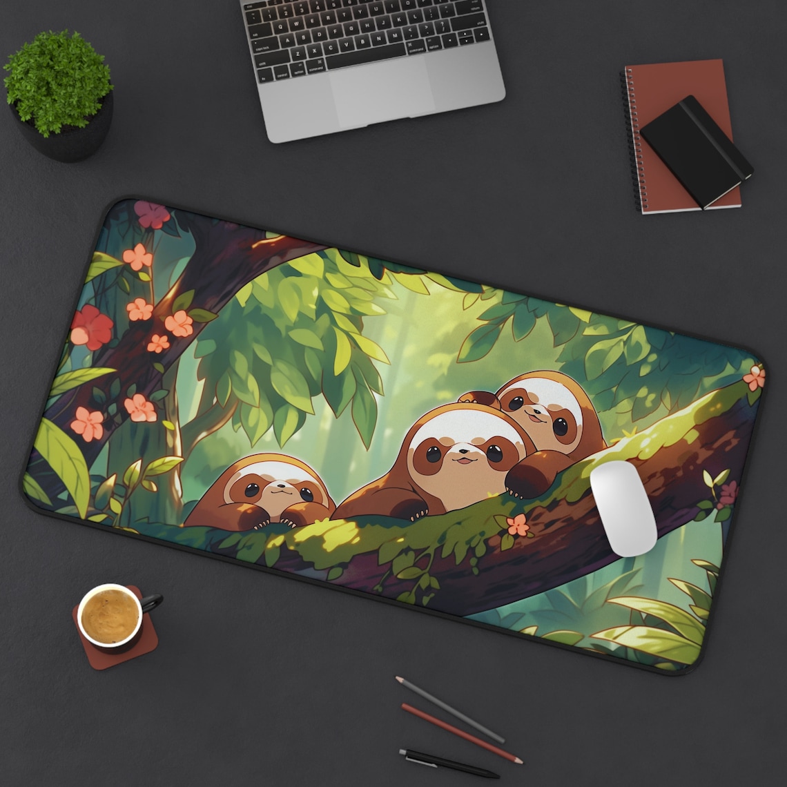Kawaii Animal Desk Mat With Cute Sloths, Chibi Anime Aesthetic Desk Pad ...