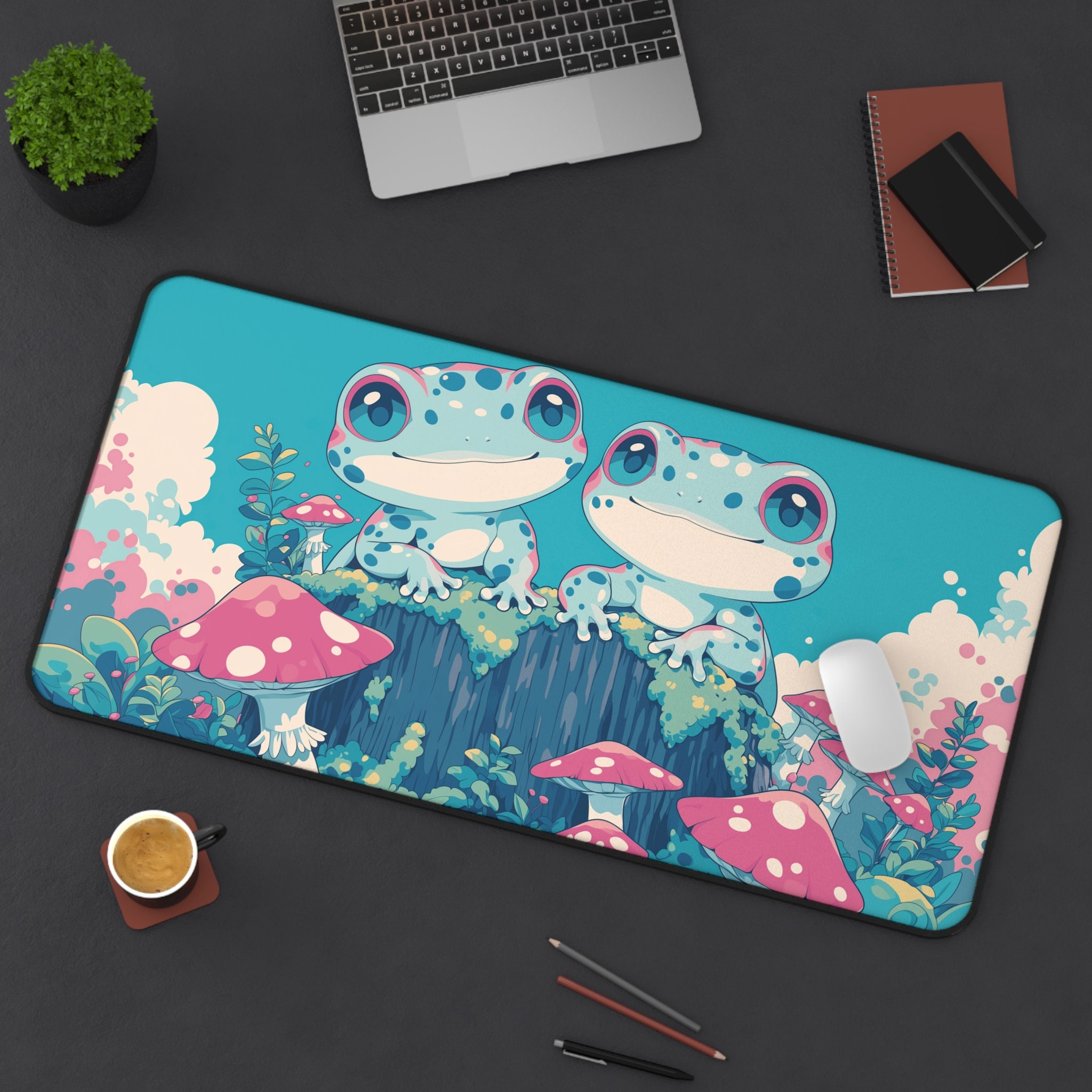 Kawaii Animal Desk Mat | Cute Blue Spotted Gecko Design, Adorable Chibi ...