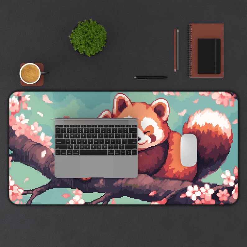 Pixel Art Desk Mat Kawaii Red Panda Theme, Cherry Blossom Motifs, Cute ...