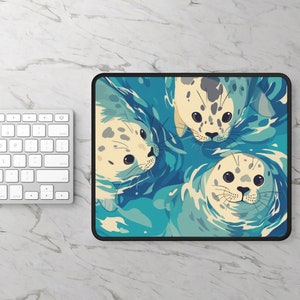 Kawaii Animal Desk Mat | Cute Spotted Seals, Blue Ocean Mousepad ...
