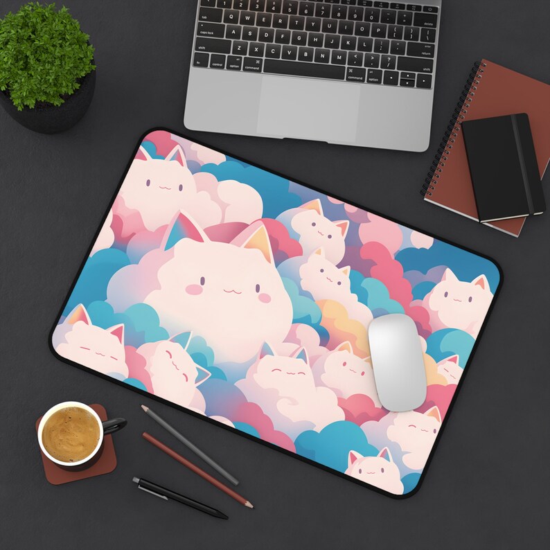 Kawaii Cat Cloud Desk Mat, Anime Chibi Aesthetic Desk Pad, Colorful ...