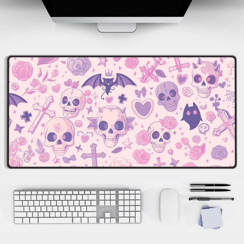 Kawaii Pastel Goth Desk Mat: Skull & Rose Extended Gaming Mousepad - Etsy