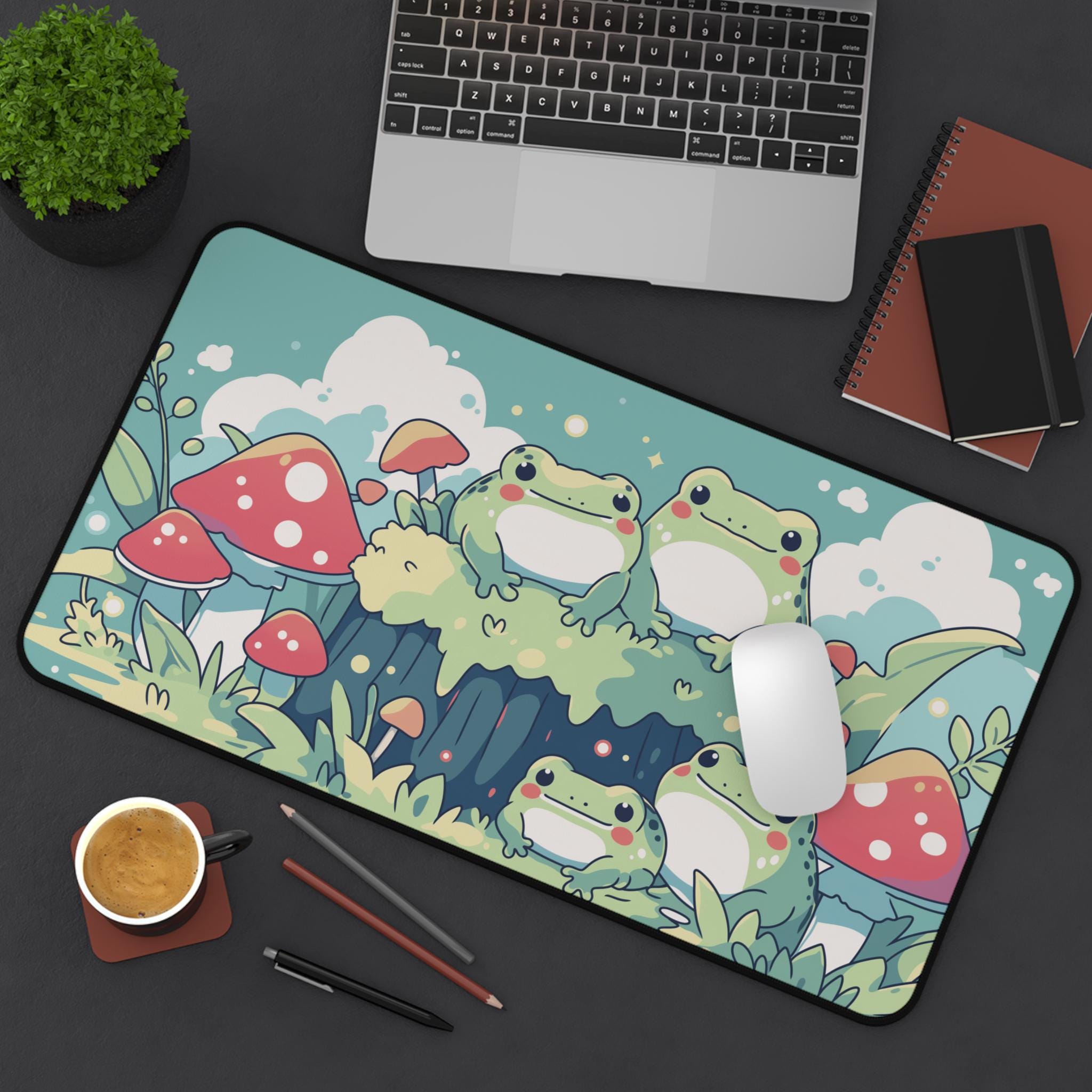 Kawaii Green Frog Desk Mat | Chibi Aesthetic Mousepad, Cute Frog Desk ...