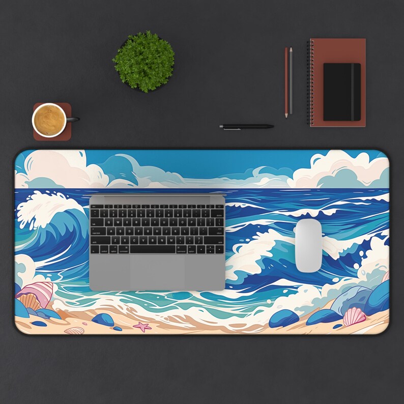 Blue Ocean Desk Mat | Cute Beach Mousepad, Aesthetic Coastline Scene ...