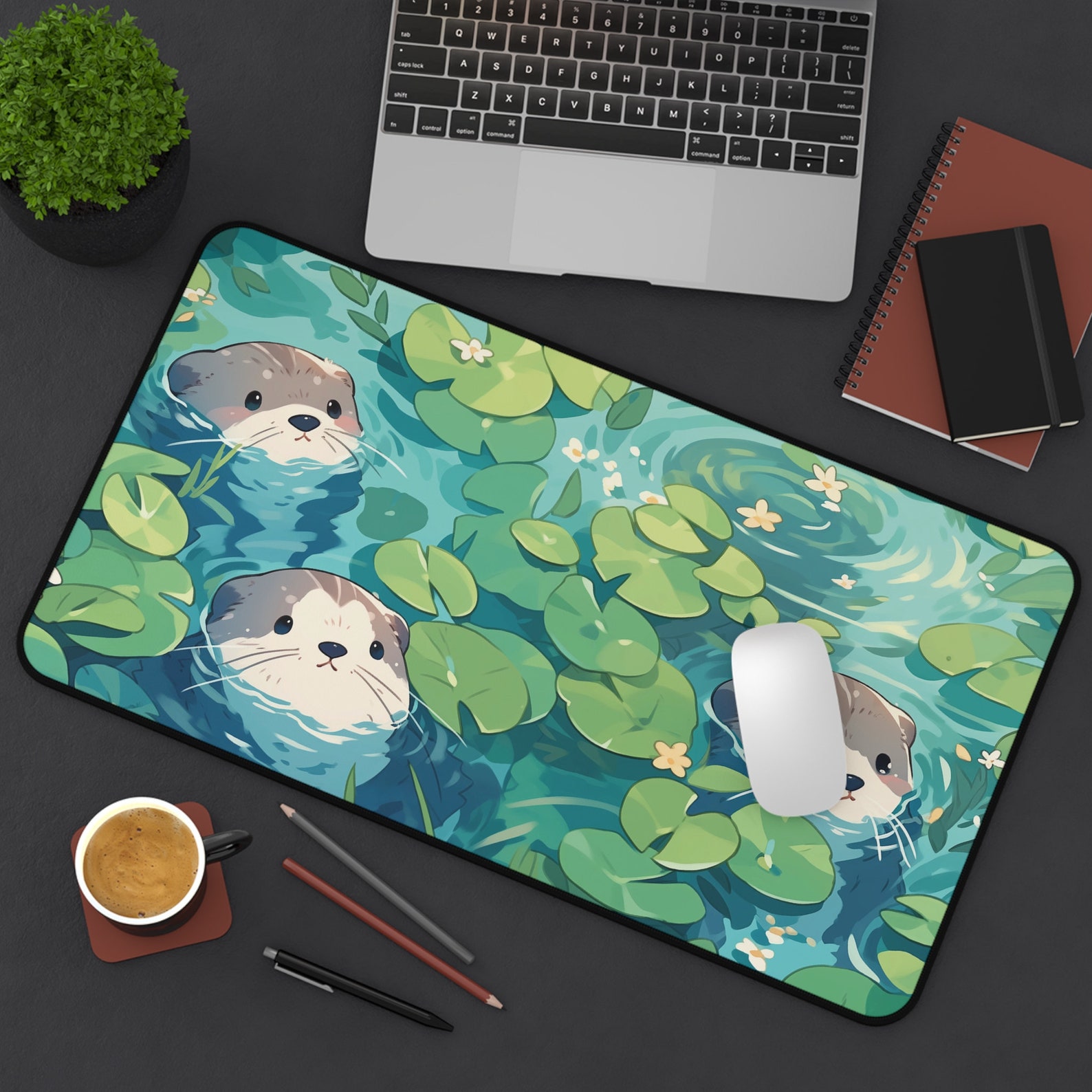 Kawaii Animal Desk Mat With Cute River Otters, Adorable Chibi Aesthetic ...