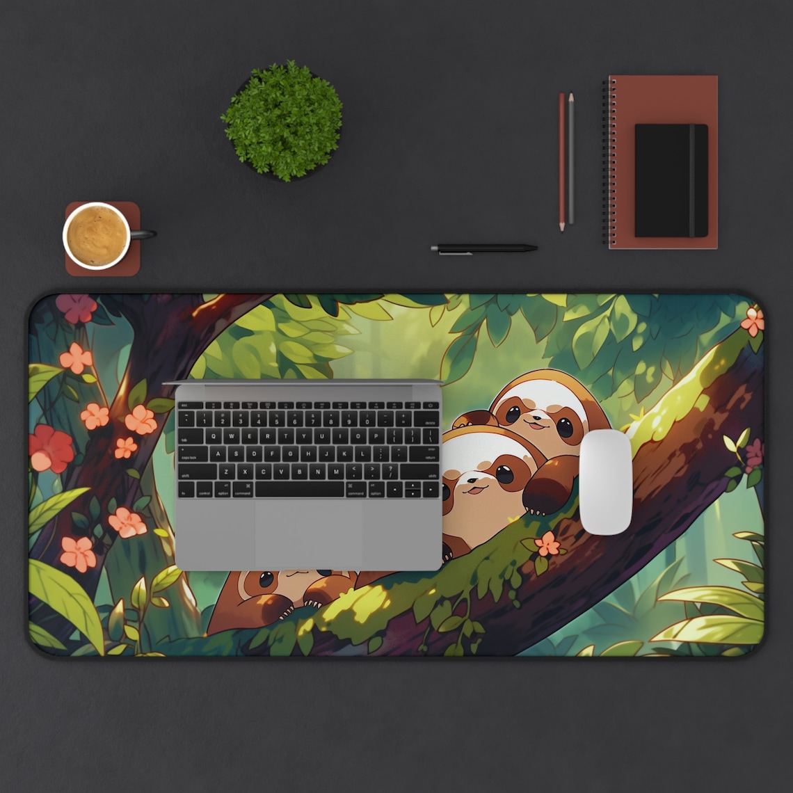 Kawaii Animal Desk Mat With Cute Sloths, Chibi Anime Aesthetic Desk Pad ...