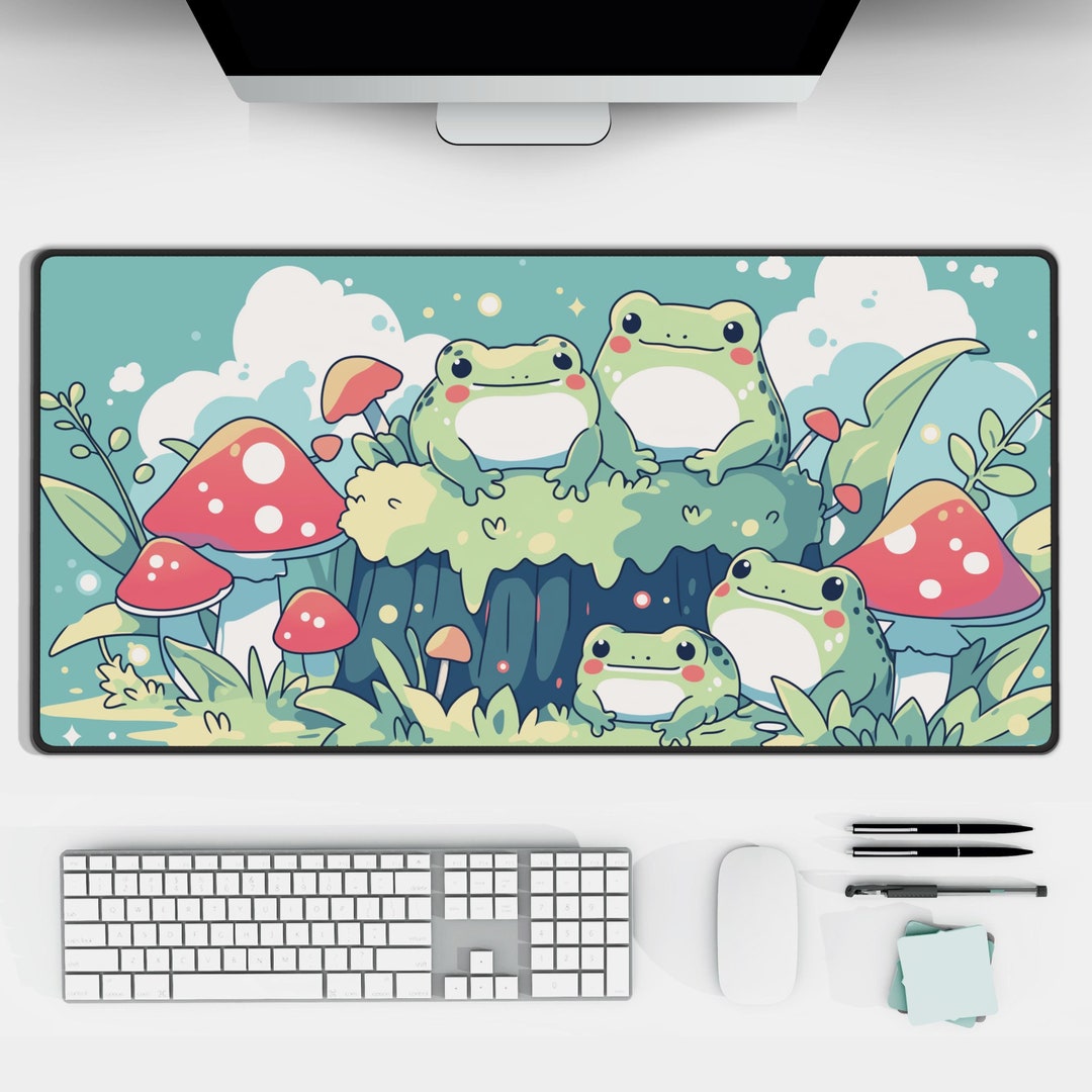 Kawaii Green Frog Desk Mat | Chibi Aesthetic Mousepad, Cute Frog Desk ...