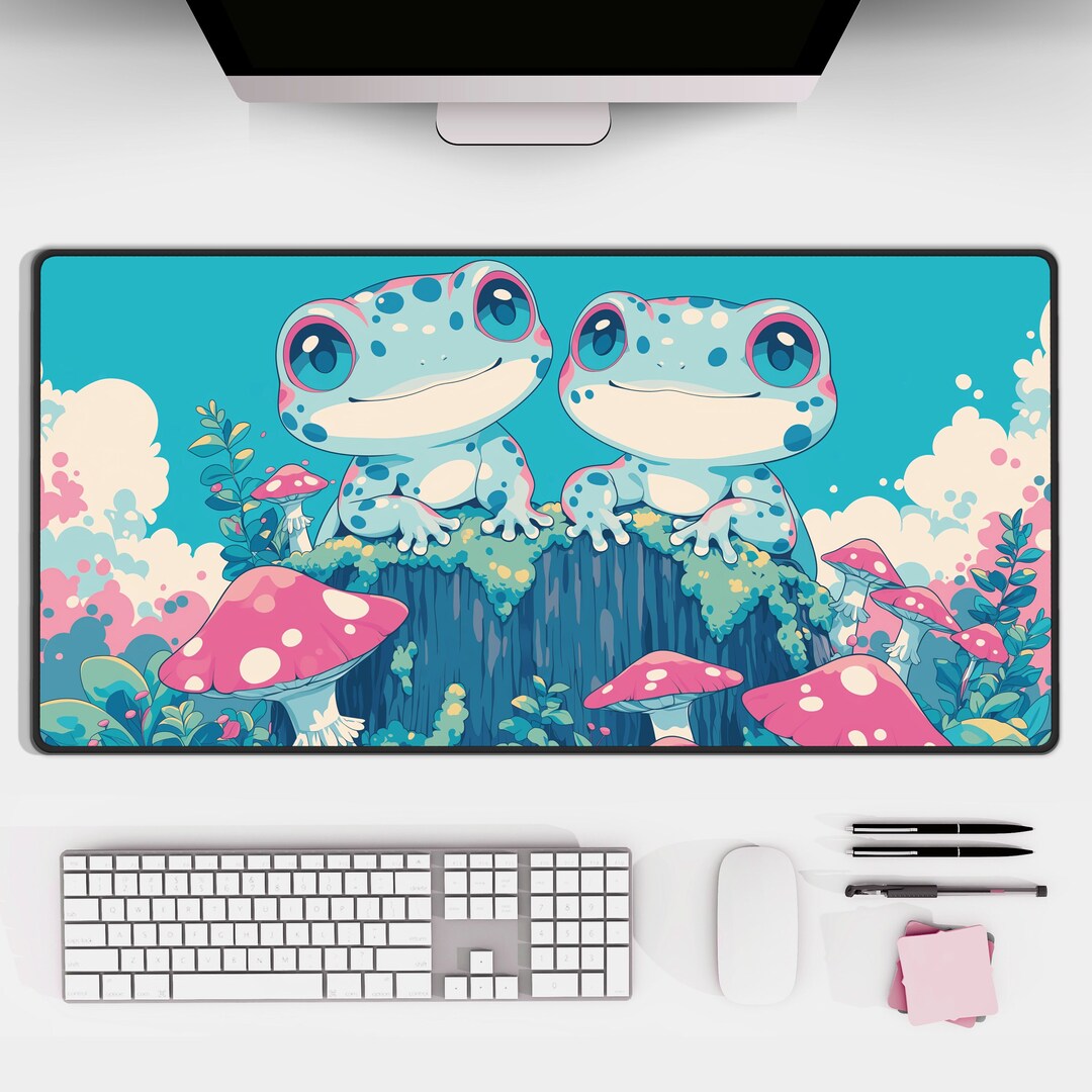 Kawaii Animal Desk Mat | Cute Blue Spotted Gecko Design, Adorable Chibi ...