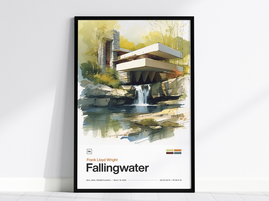 Fallingwater Poster | Frank Lloyd Wright Architecture Watercolor Art PA ...