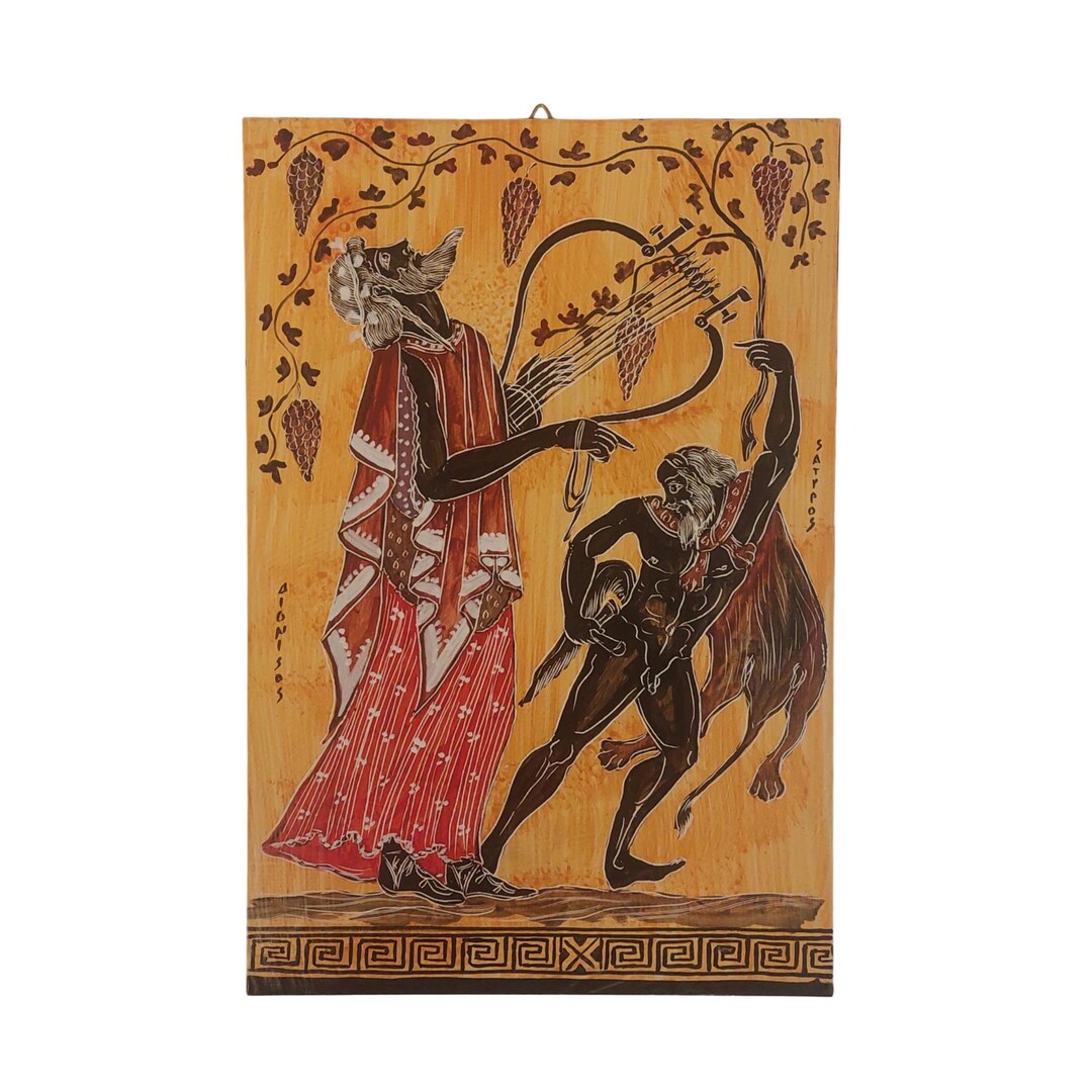 Dionysus and Satyr Greek Wall Art Ancient Bacchus Myth Scene on Wood ...