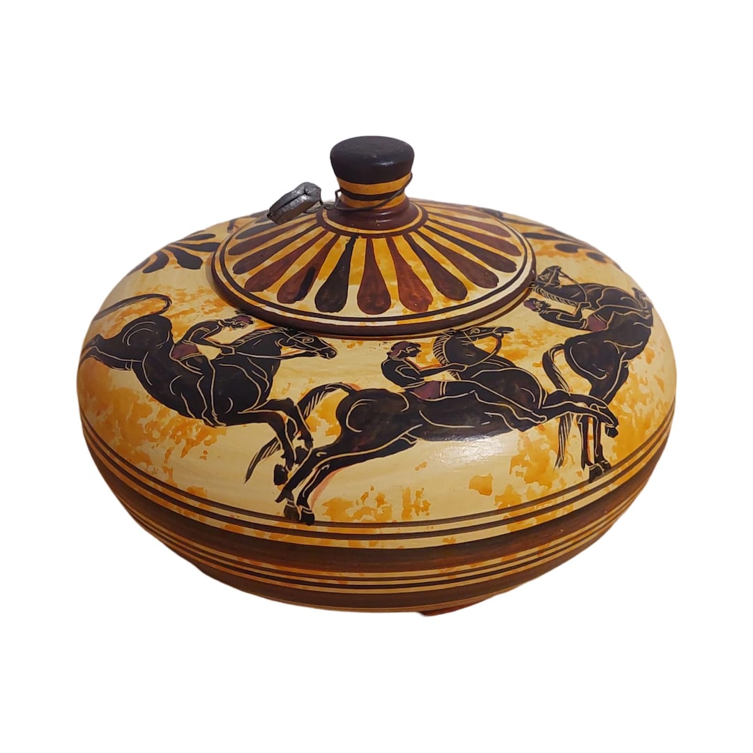 Ancient Greek Horse Riders Pyxis | Handmade Black Figure Pot ...