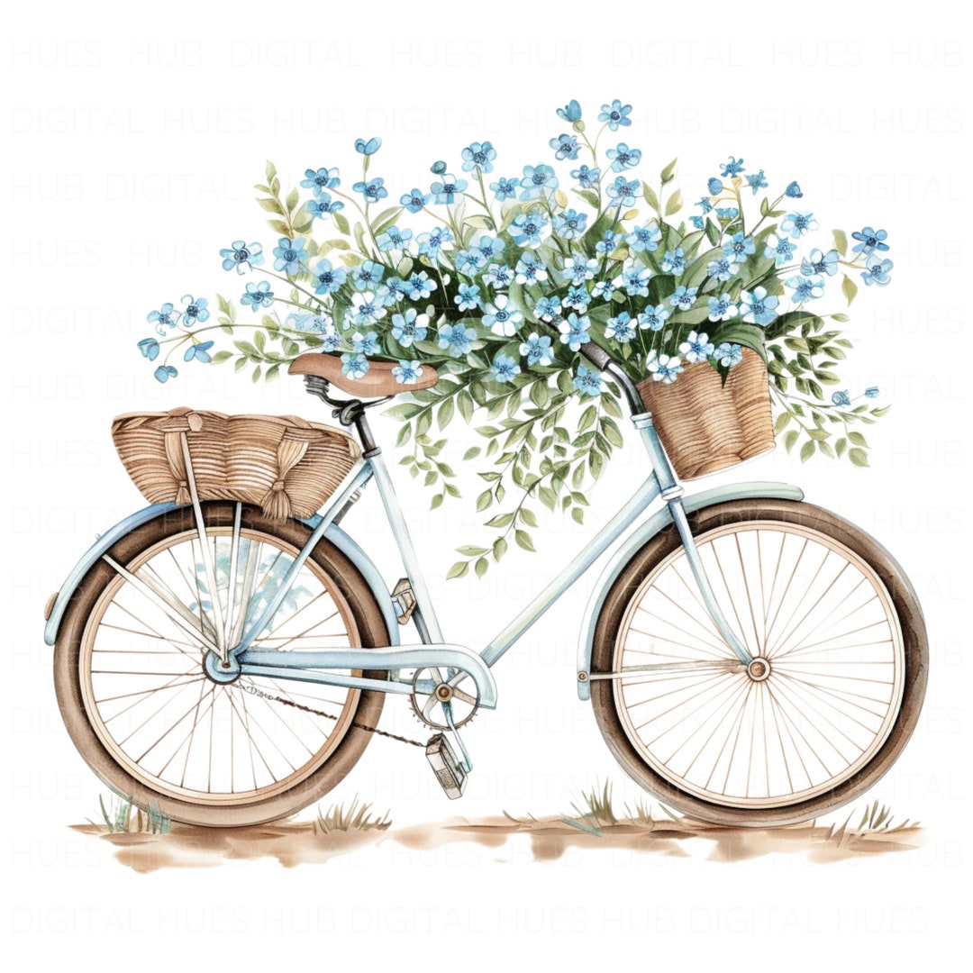 10 Floral Bicycle Clipart Bundle Watercolor Forget Me Not Printable ...