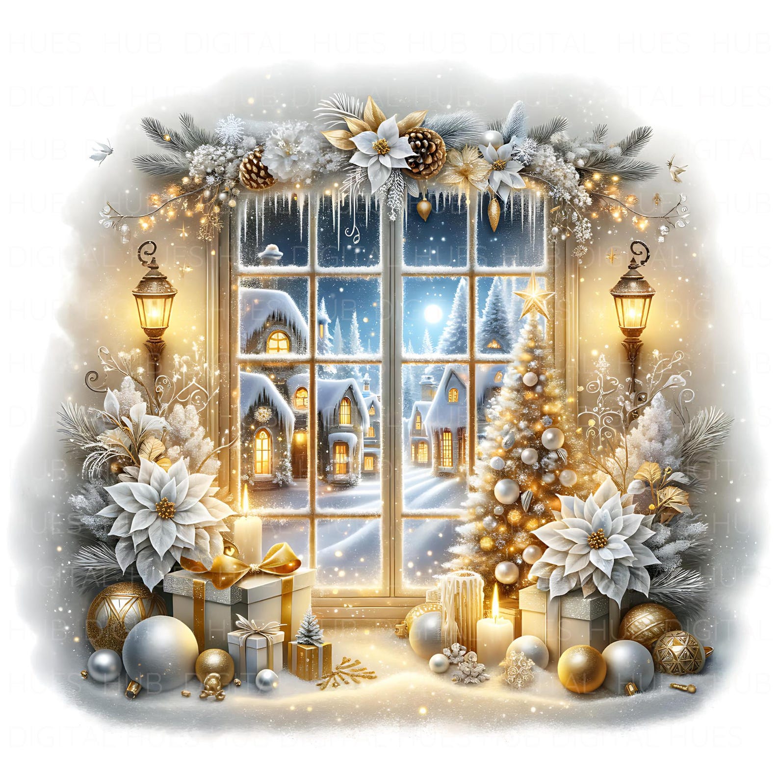 10 Christmas Window Scene Clipart: Watercolor Cozy Winter Village JPEG ...