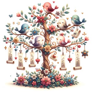 12 Whimsical Enchanted Tree Clipart With Birds and Scrolls Pastel ...