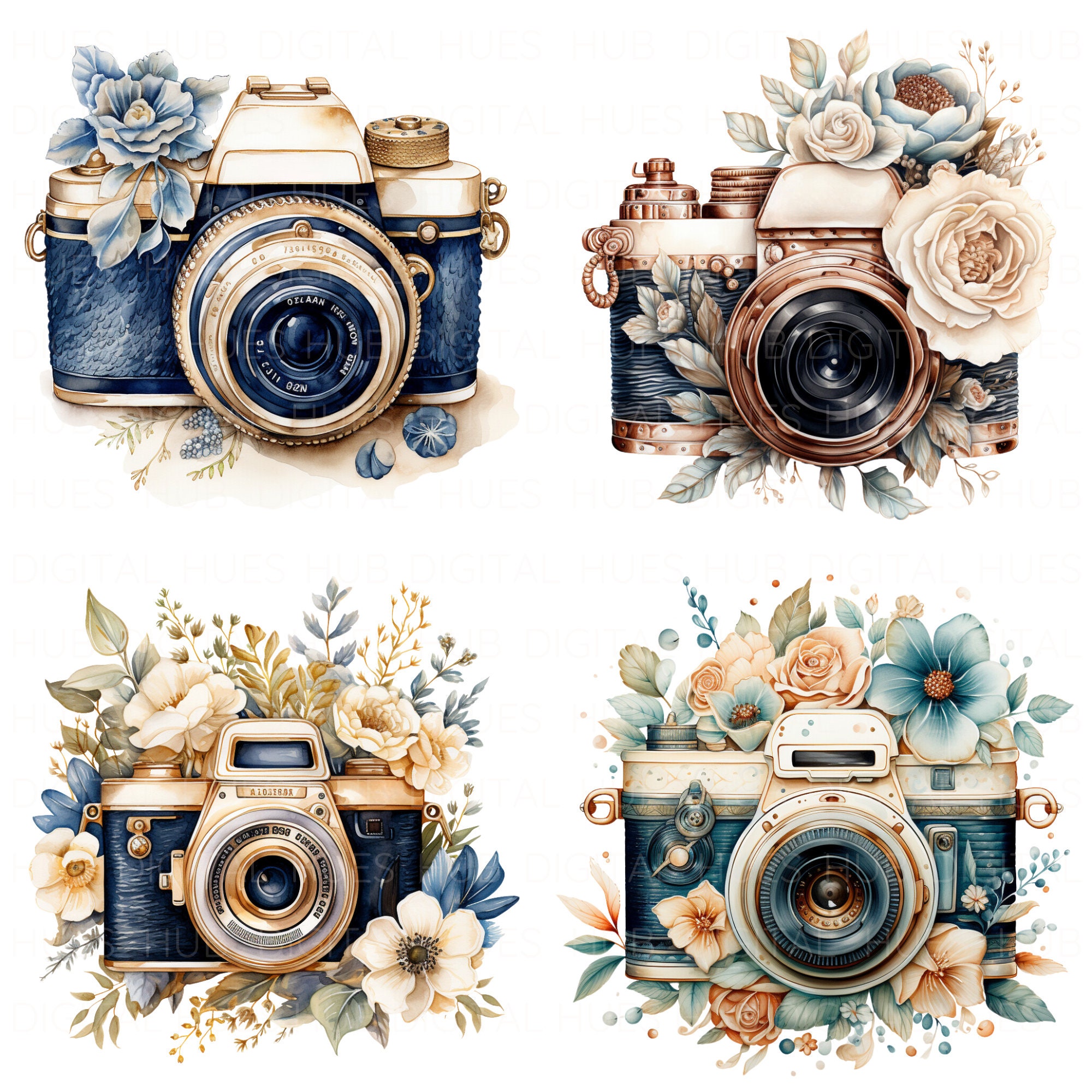 11 Vintage Camera Clipart Bundle Floral Photo Camera Printable High ...