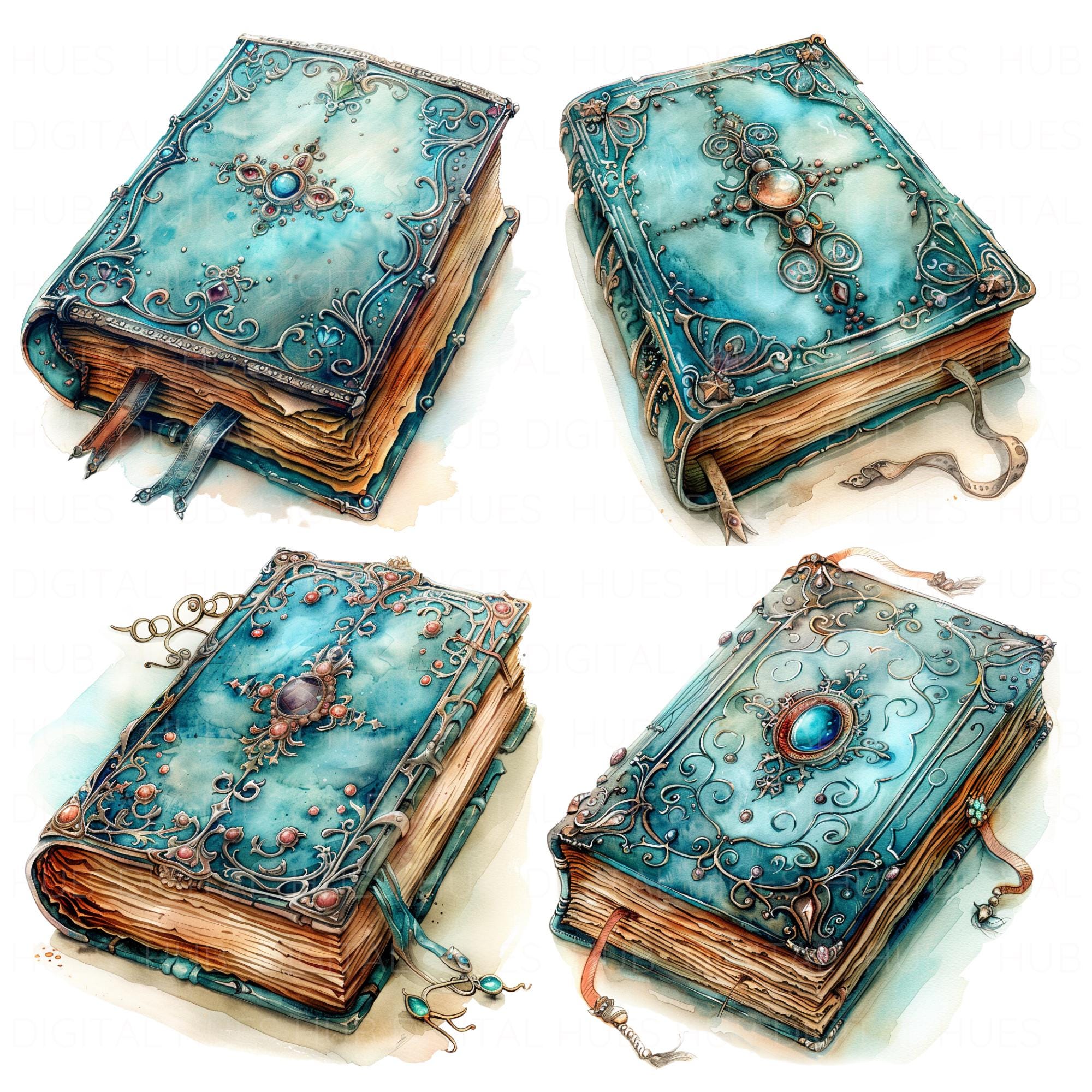 14 Green Magic Book Clipart Watercolor Old Book Pile Fantasy Clipart ...