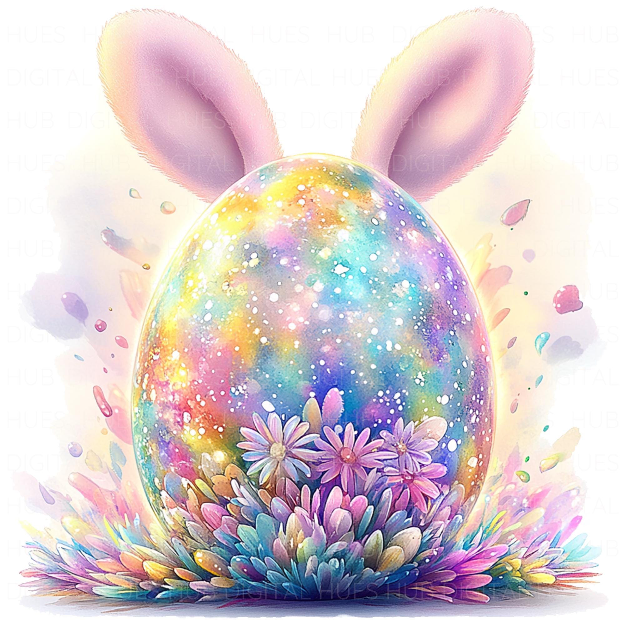 12 Colorful Easter Egg Ears Clipart Watercolor Floral Painted Egg ...