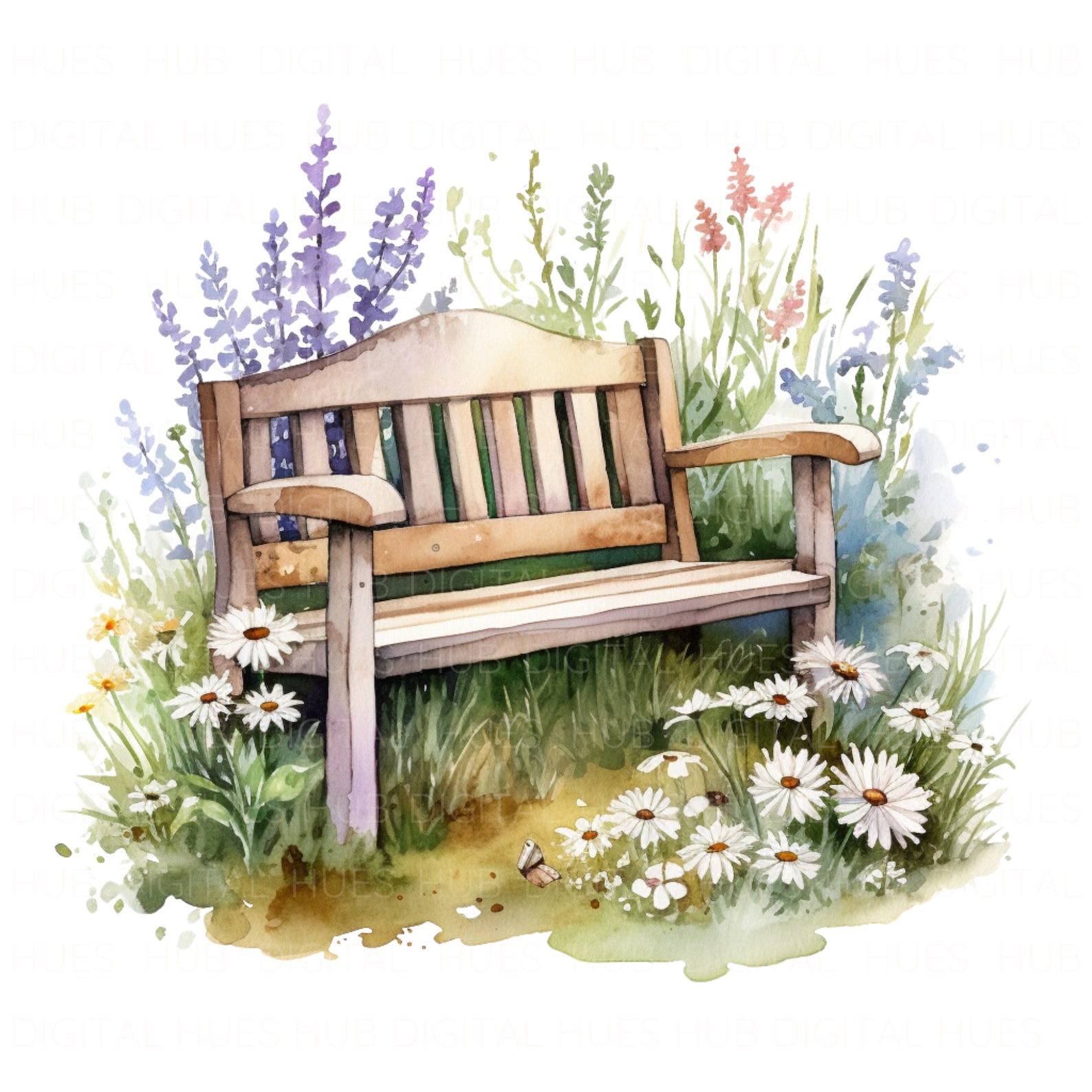 14 Rustic Wooden Garden Bench Clipart Bundle Watercolor Garden Clipart ...