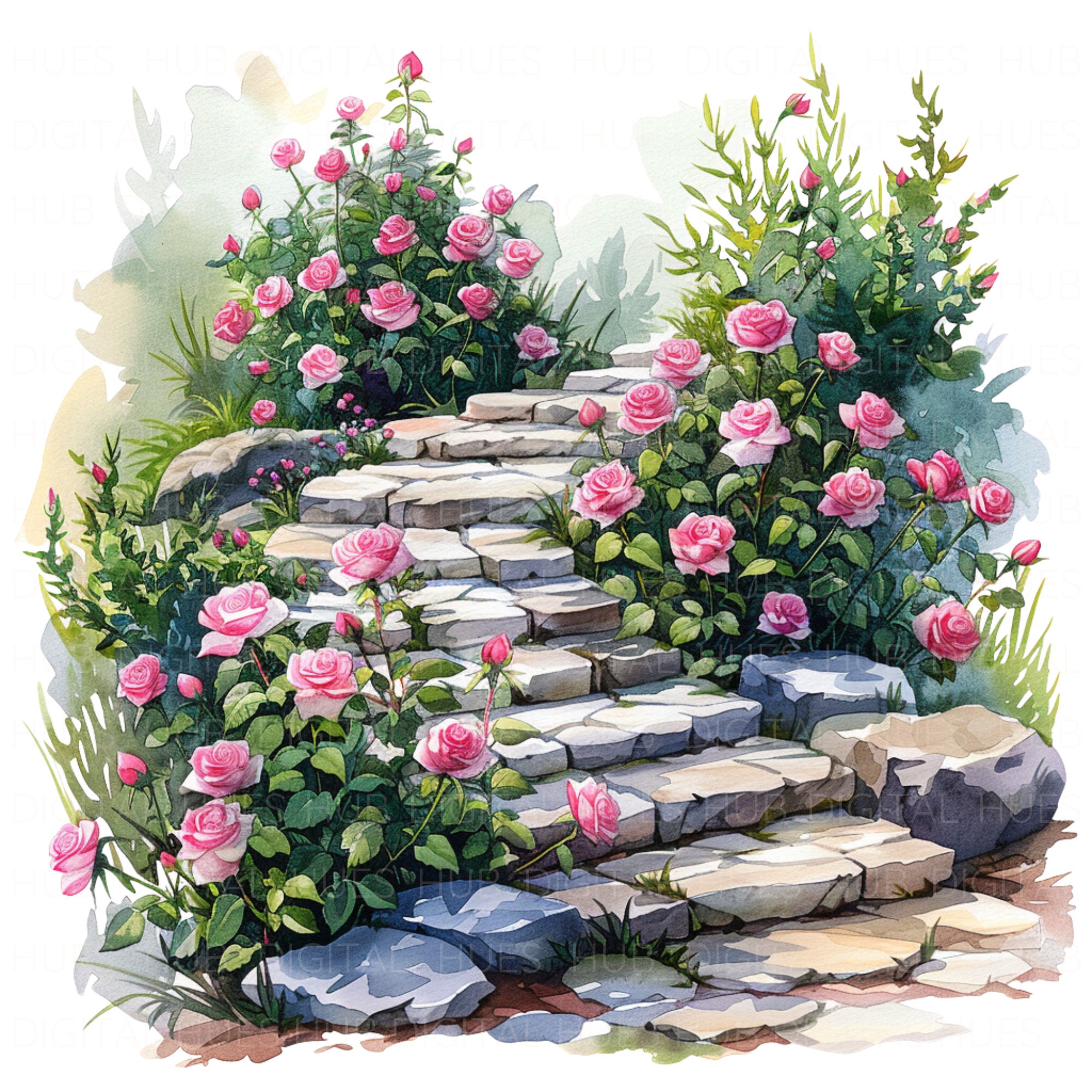 12 Rose Garden Stone Path Clipart Bundle Watercolor Stone Stairs ...