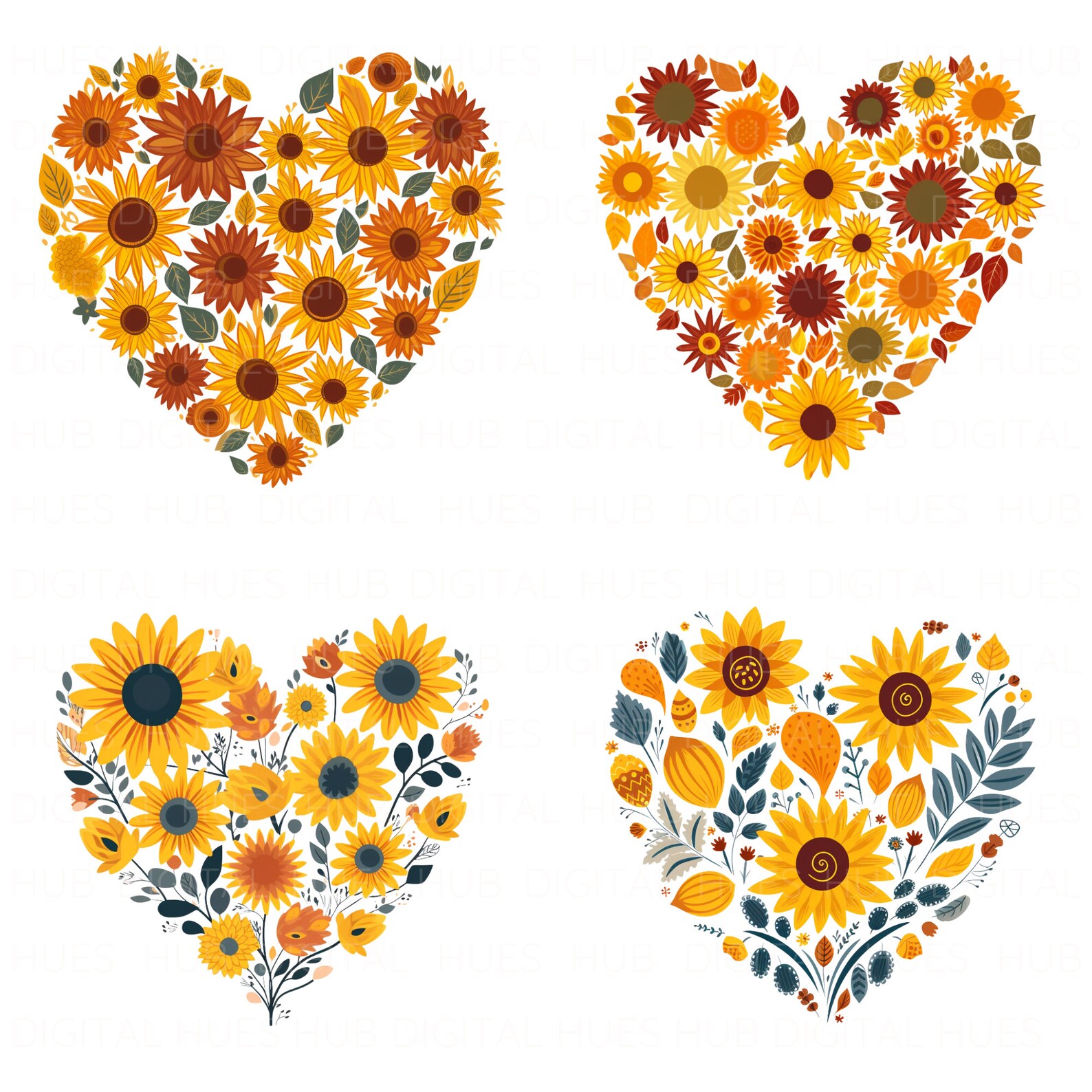 13 Sunflower Heart Clipart Bundle Watercolor Floral Heart Printable ...