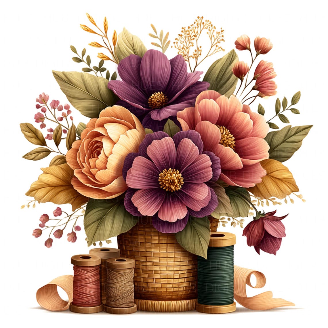 13 Floral Spool Basket Clipart Watercolor Vintage Spools of Thread ...