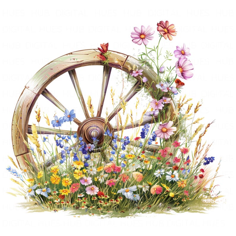 10 Floral Wagon Wheel Clipart Watercolor Floral Wooden Wheel Cart Wheel ...