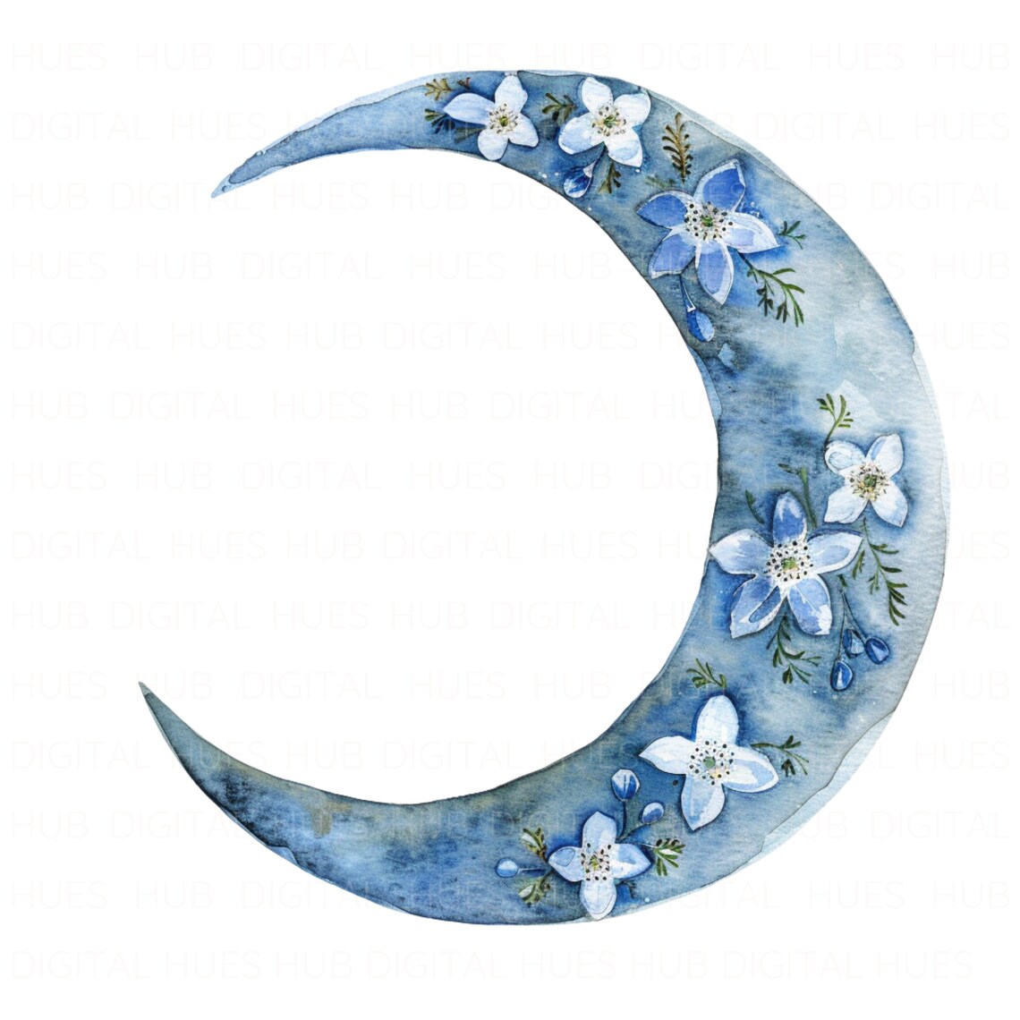 12 Floral Blue Moon Clipart Watercolor Forget Me Not Nursery Bedroom ...