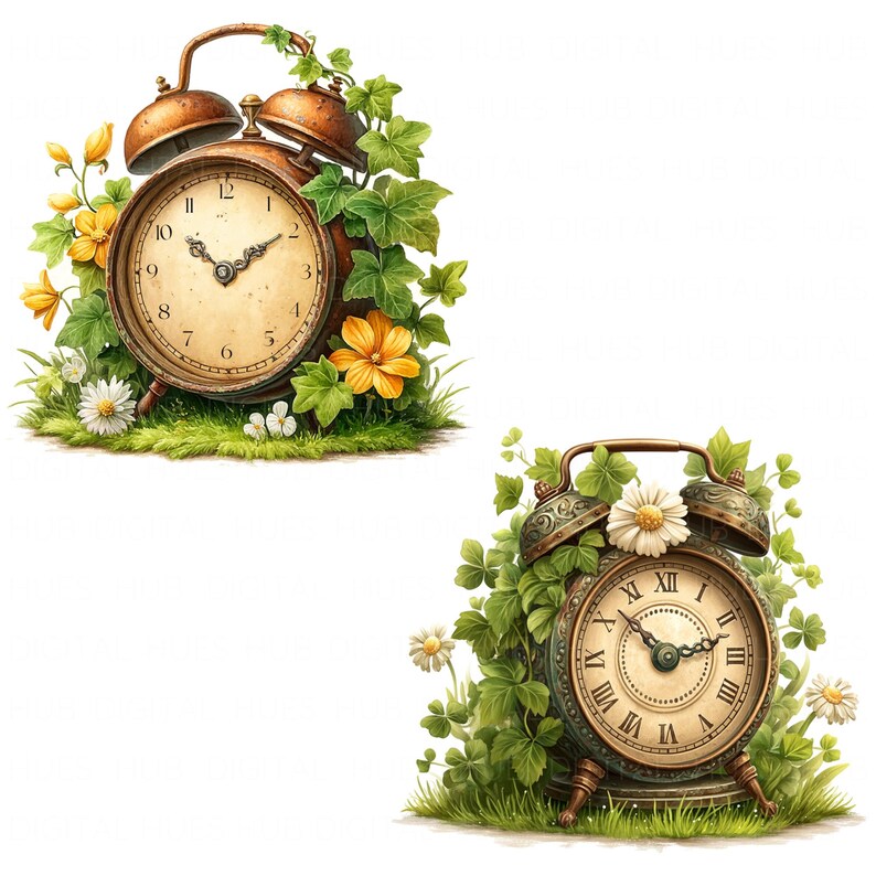 13 Old Rustic Alarm Clock Clipart Watercolor Antique Clock Wall Art ...