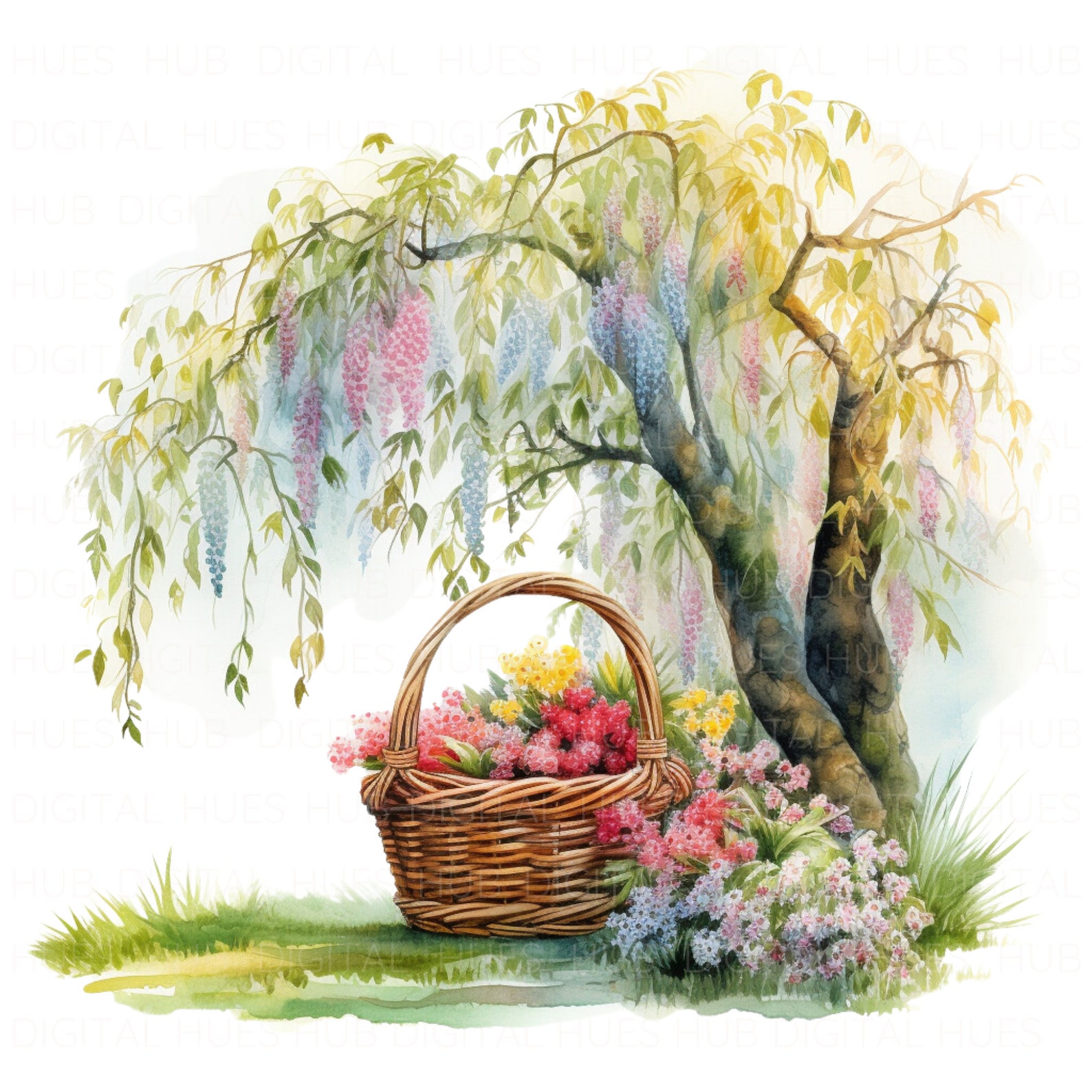 16 Wicker Basket Under Tree Clipart Bundle Watercolor Garden Clipart ...