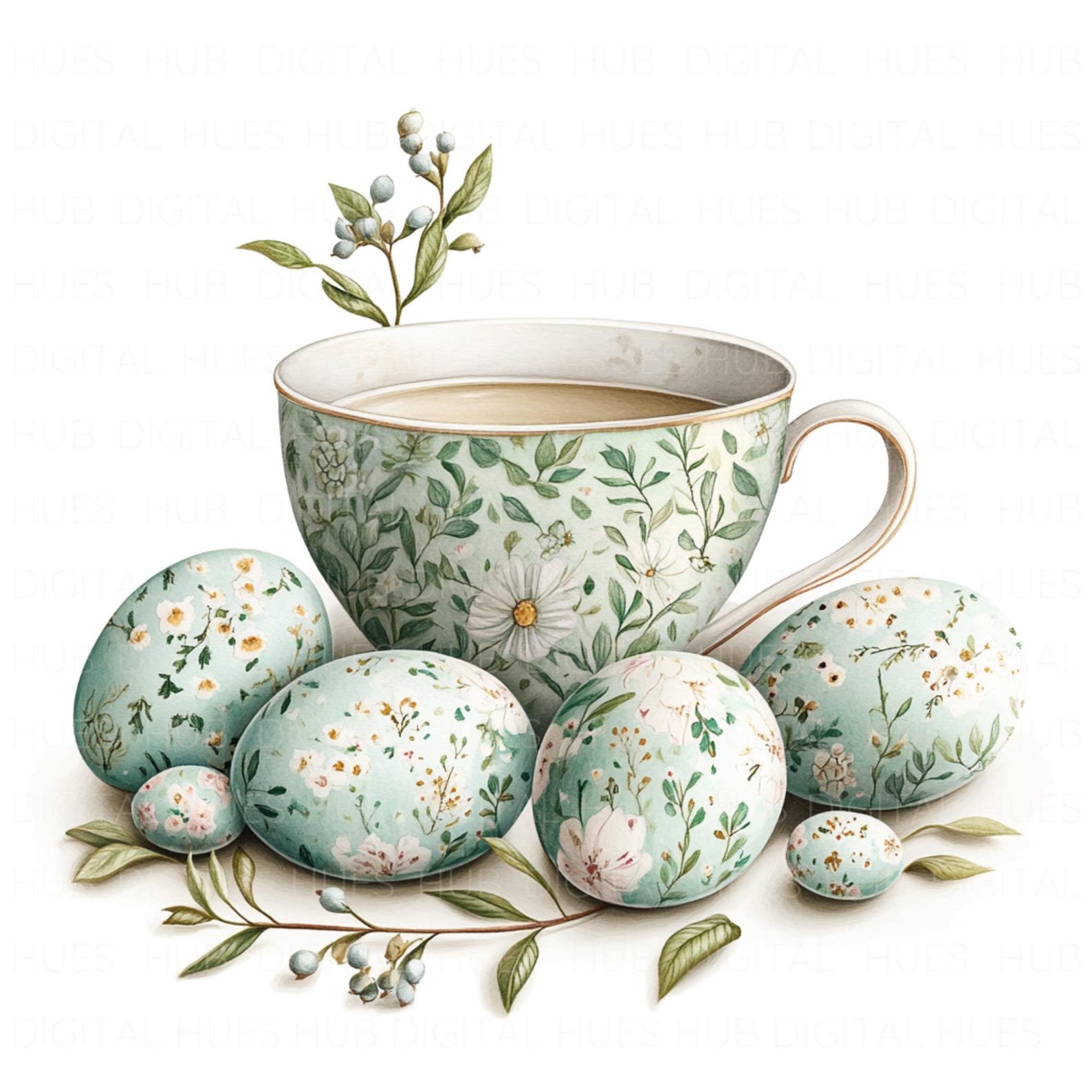 15 Festive Easter Teacup Clipart Watercolor Easter Eggs Cup Printable ...