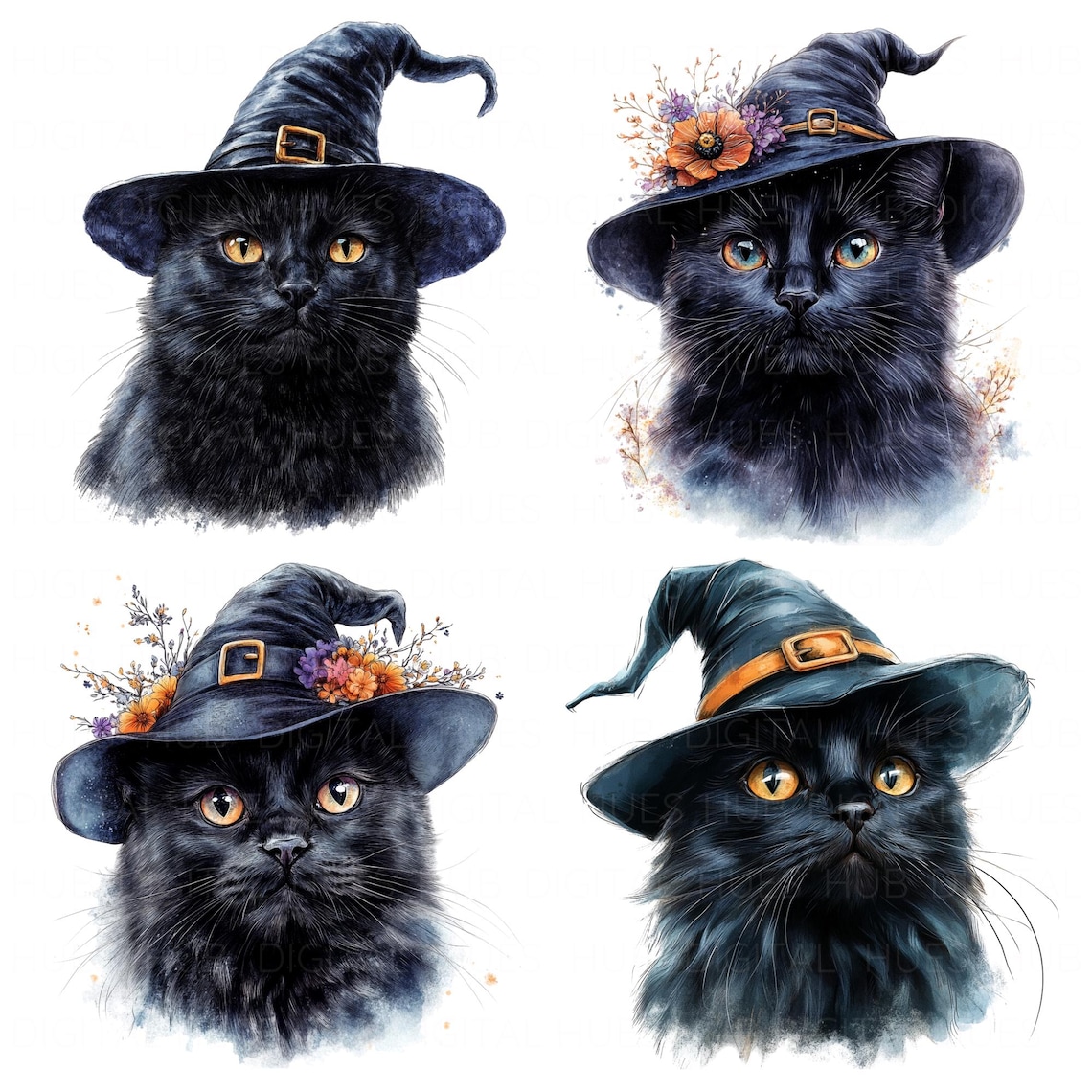 12 Halloween Cat Clipart Watercolor Black Cat With Witch Hat Clipart ...