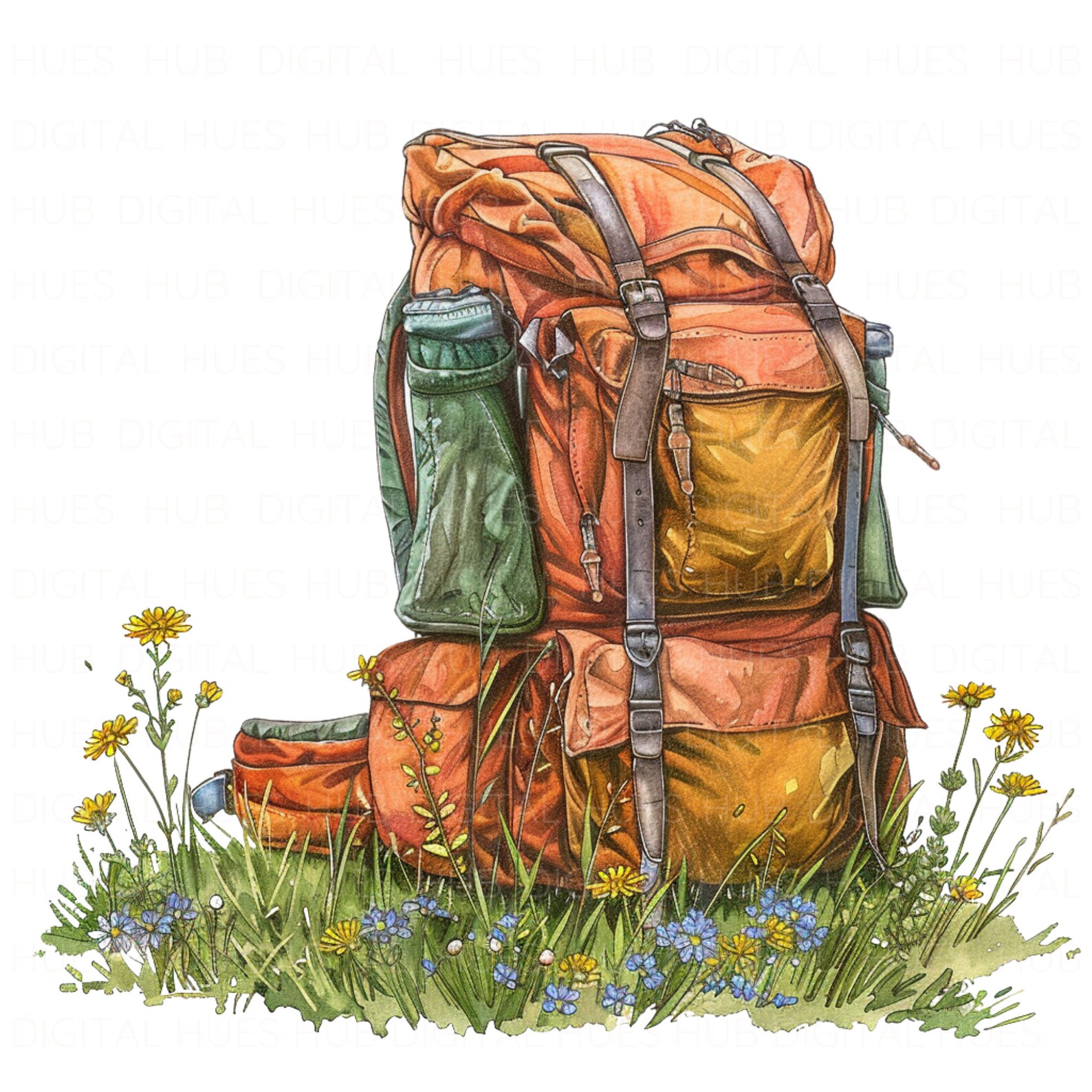10 Trekking Backpack on Wildgrass Clipart Bundle Watercolor Backpack ...