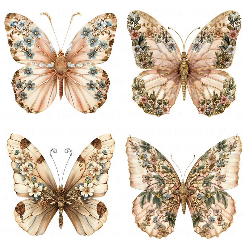 10 Floral Butterfly Clipart Bundle Watercolor Boho Butterfly Clipart ...