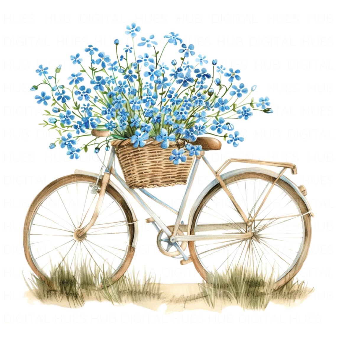10 Floral Bicycle Clipart Bundle Watercolor Forget Me Not Printable ...