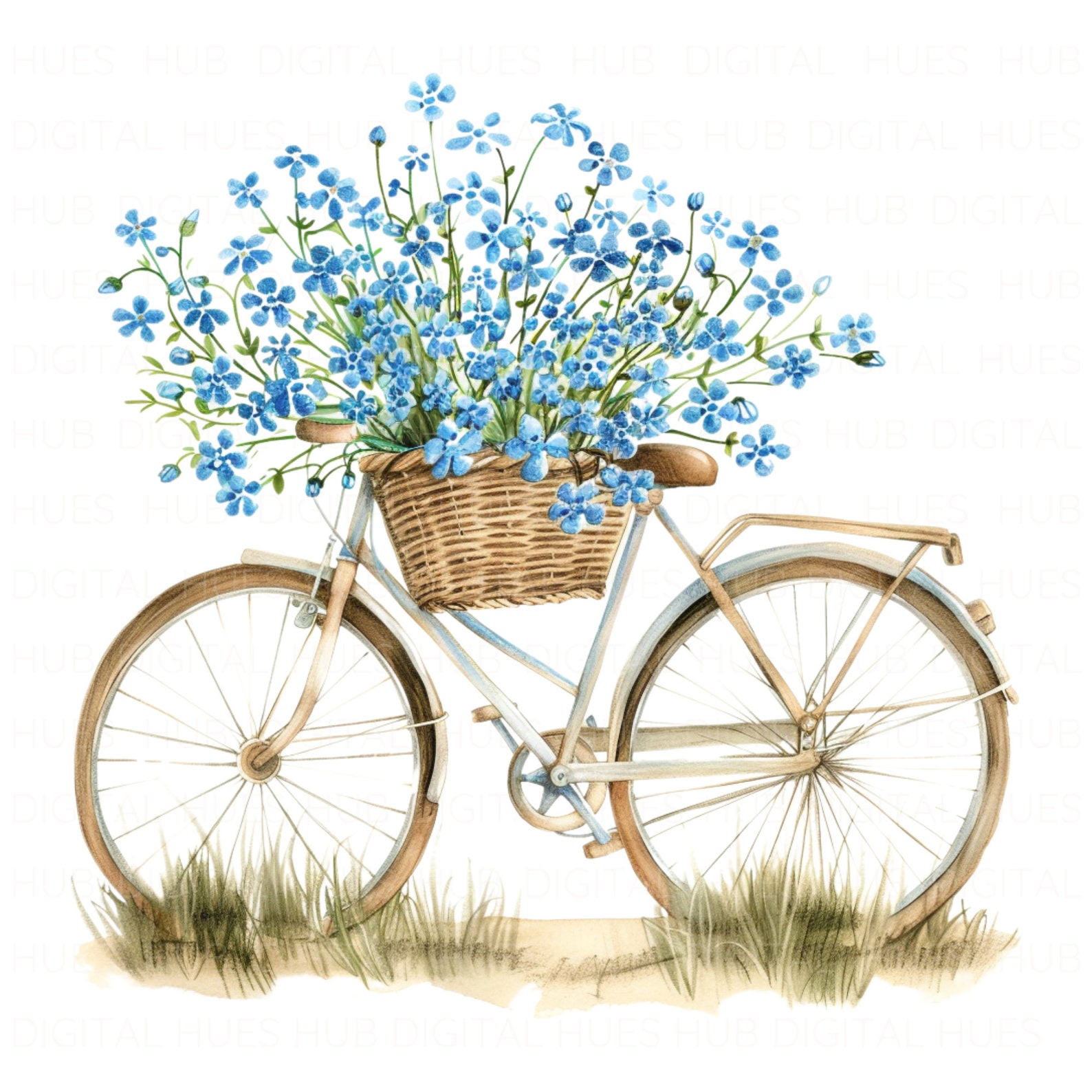 10 Floral Bicycle Clipart Bundle Watercolor Forget Me Not Printable ...