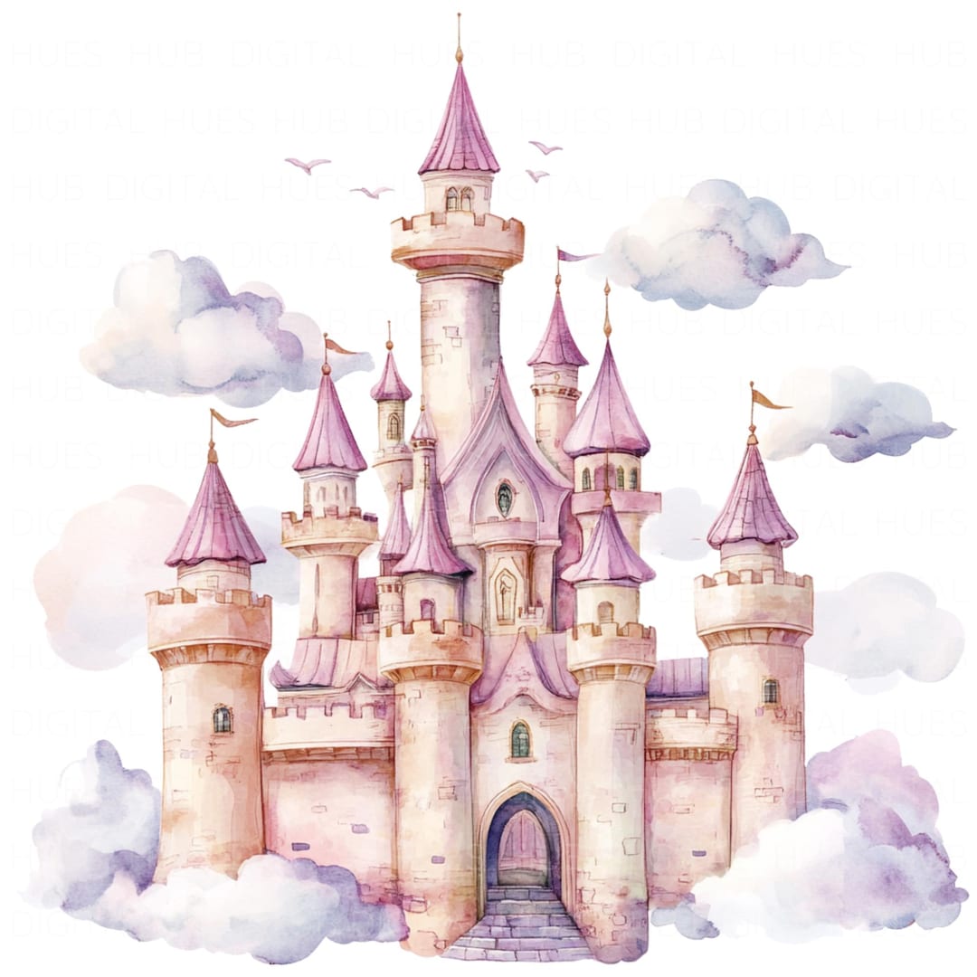 17 Pink Princess Castle Clipart Watercolor Pastel Castle Hand Drawn ...