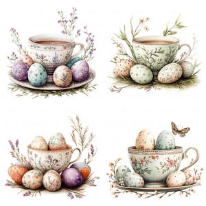 15 Festive Easter Teacup Clipart Watercolor Easter Eggs Cup Printable ...