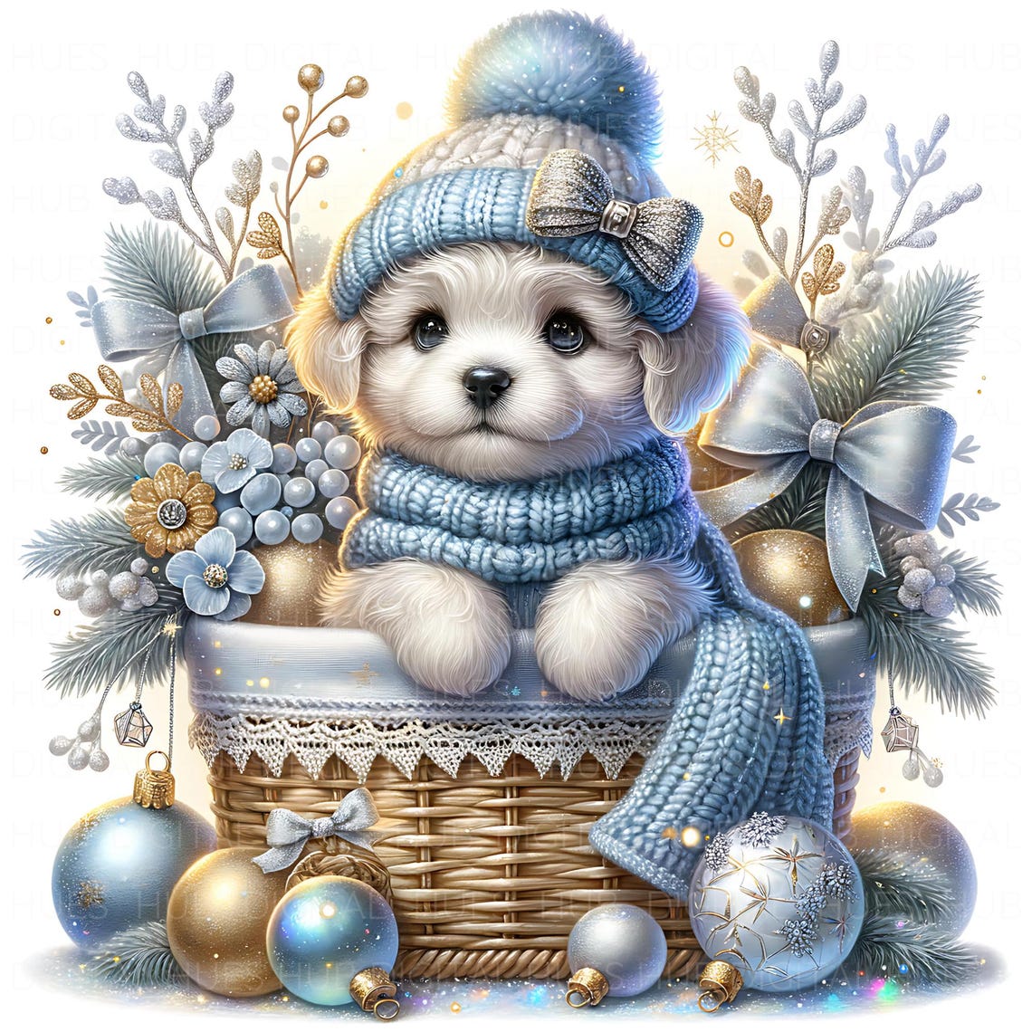 12 Blue Christmas Puppy Clipart: Watercolor Winter Animal Graphics JPEG ...
