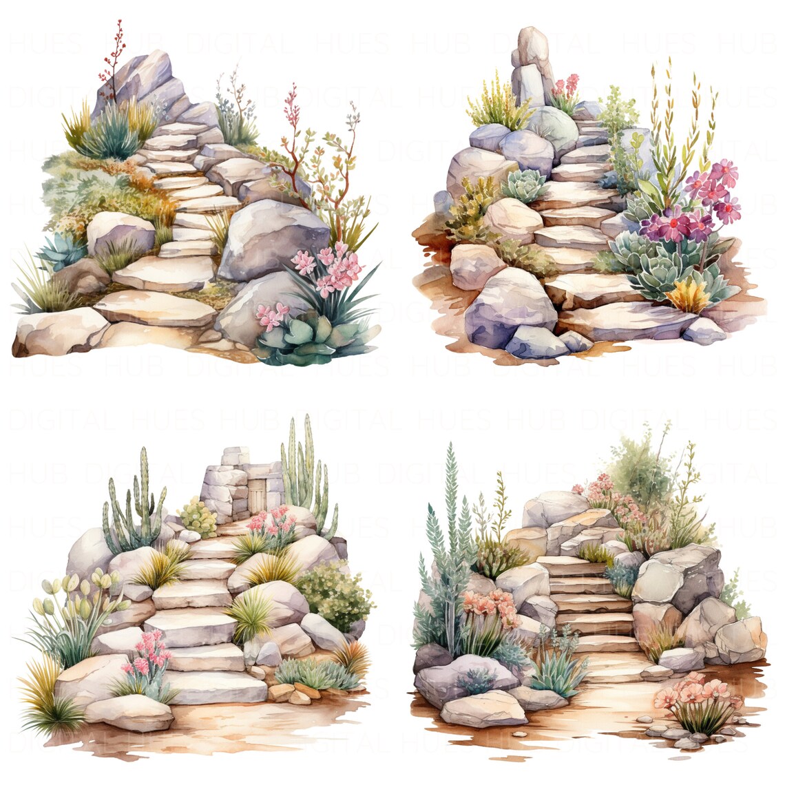 17 Stone Path Clipart Bundle Watercolor Stone Stairs With Plants ...