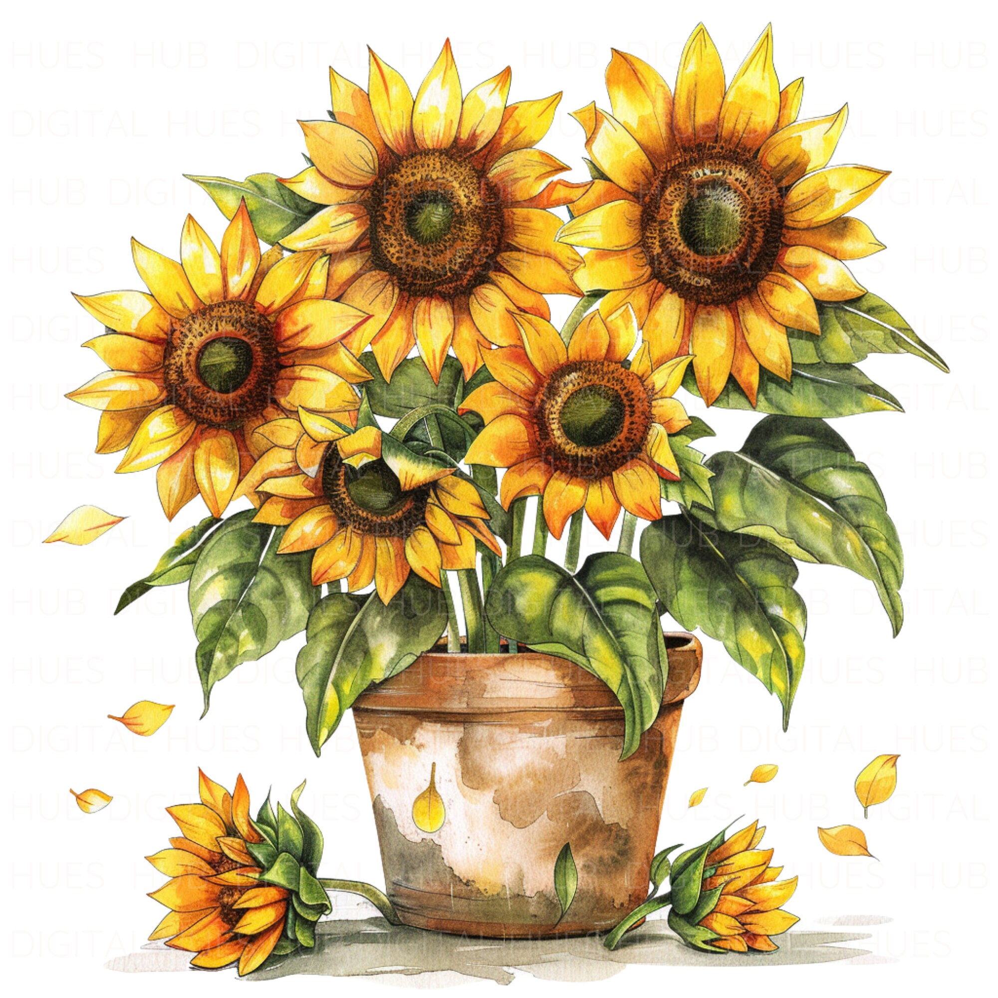 10 Sunflower Pot Clipart Bundle Watercolor Summer Flower Pot Printable ...