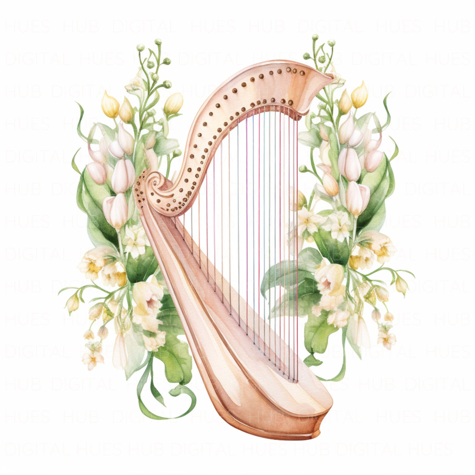 12 Watercolor Floral Harp Clipart Bundle Magic Lyre Printable High ...
